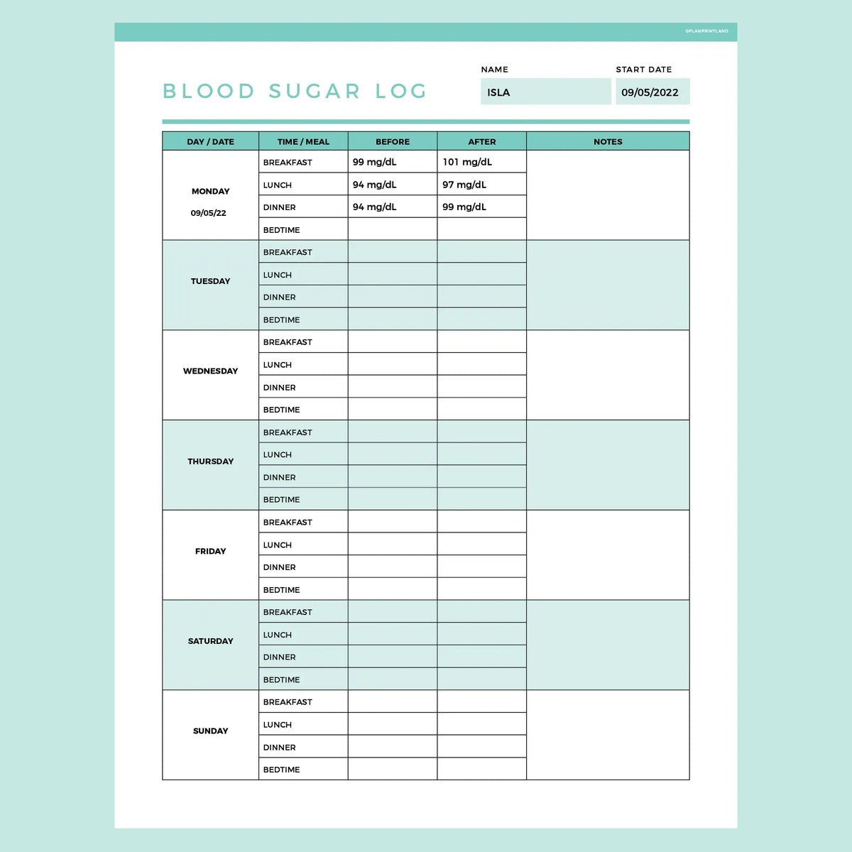 Printable Blood Sugar Chart Template
