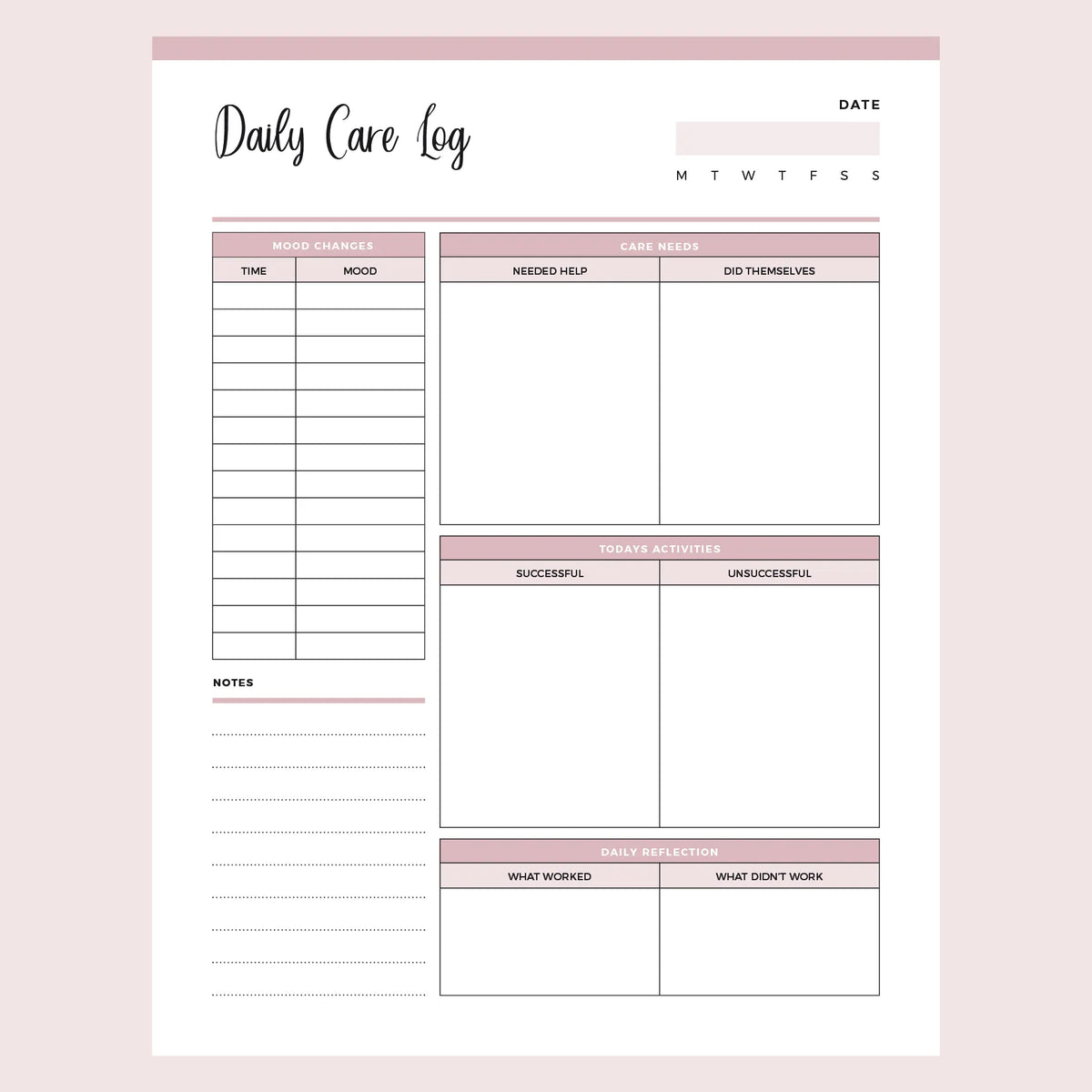 Printable Daily Caregiving Log | Instant Download PDF | A4 and US ...