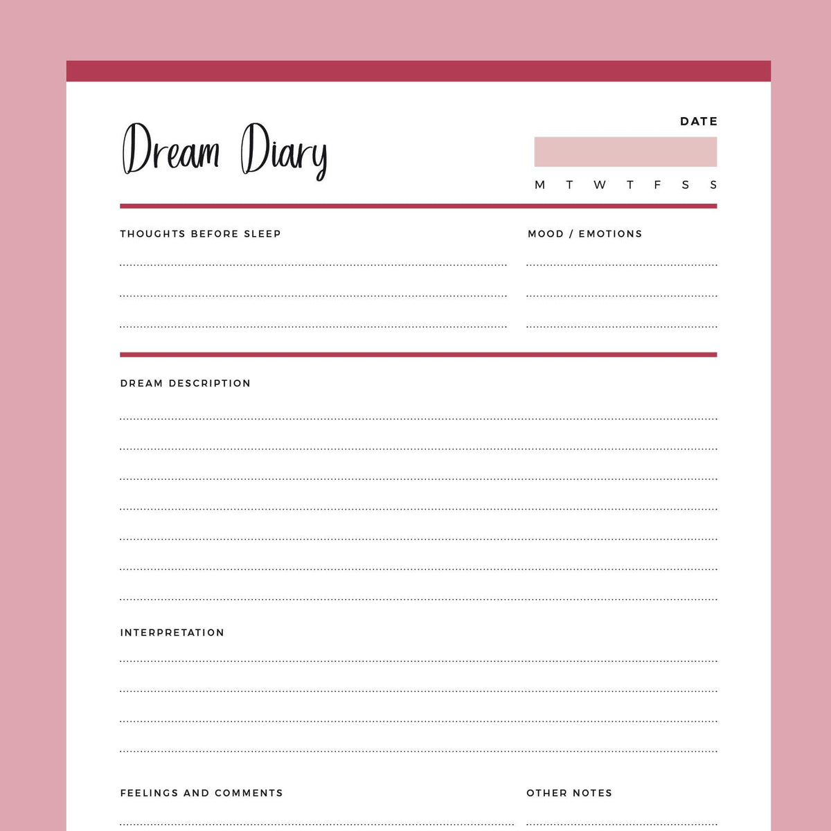 Printable Dream Journal – Plan Print Land