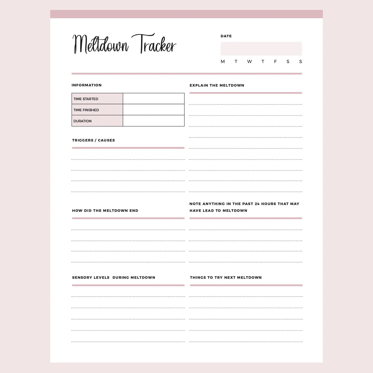 Printable Meltdown Tracker For Children With Autism | Instant Download PDF | A4 and US Letter ...