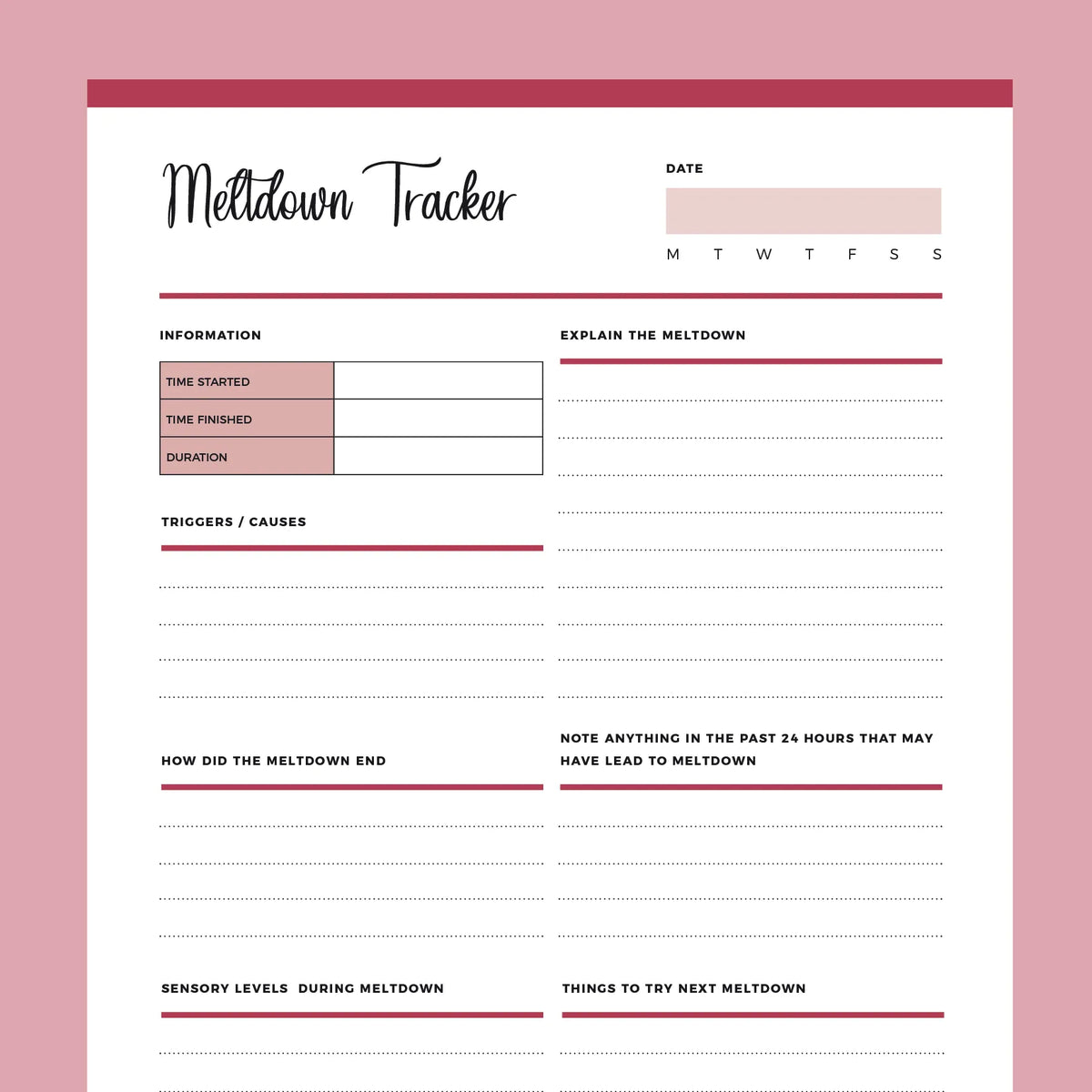 Printable Meltdown Tracker For Children With Autism | Instant Download PDF | A4 and US Letter ...