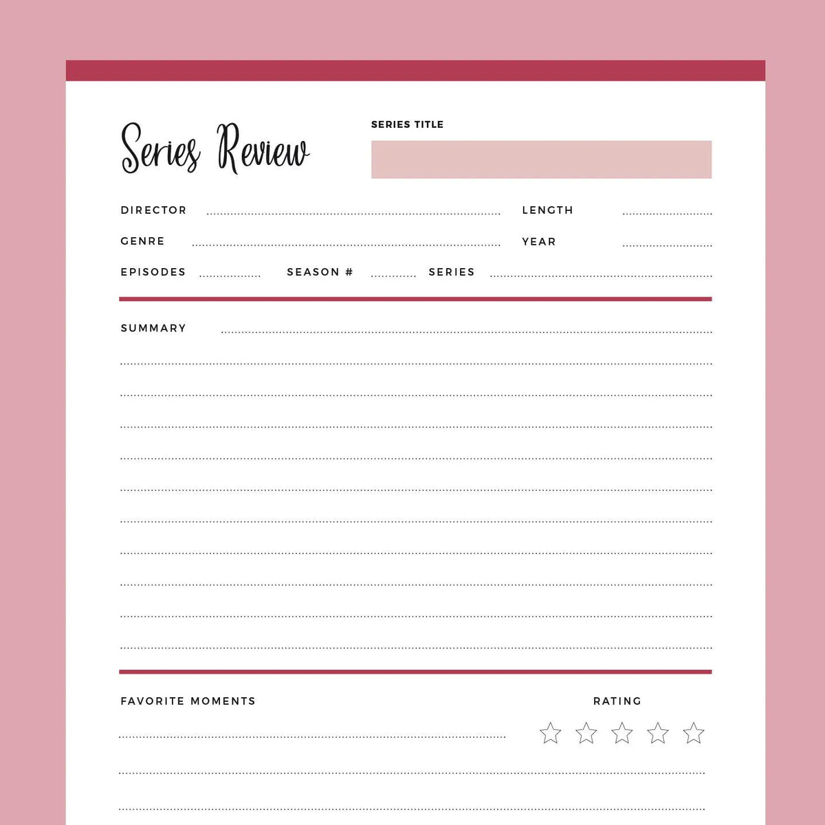 Printable TV Series Review Template | Instant Download PDF – Plan Print ...