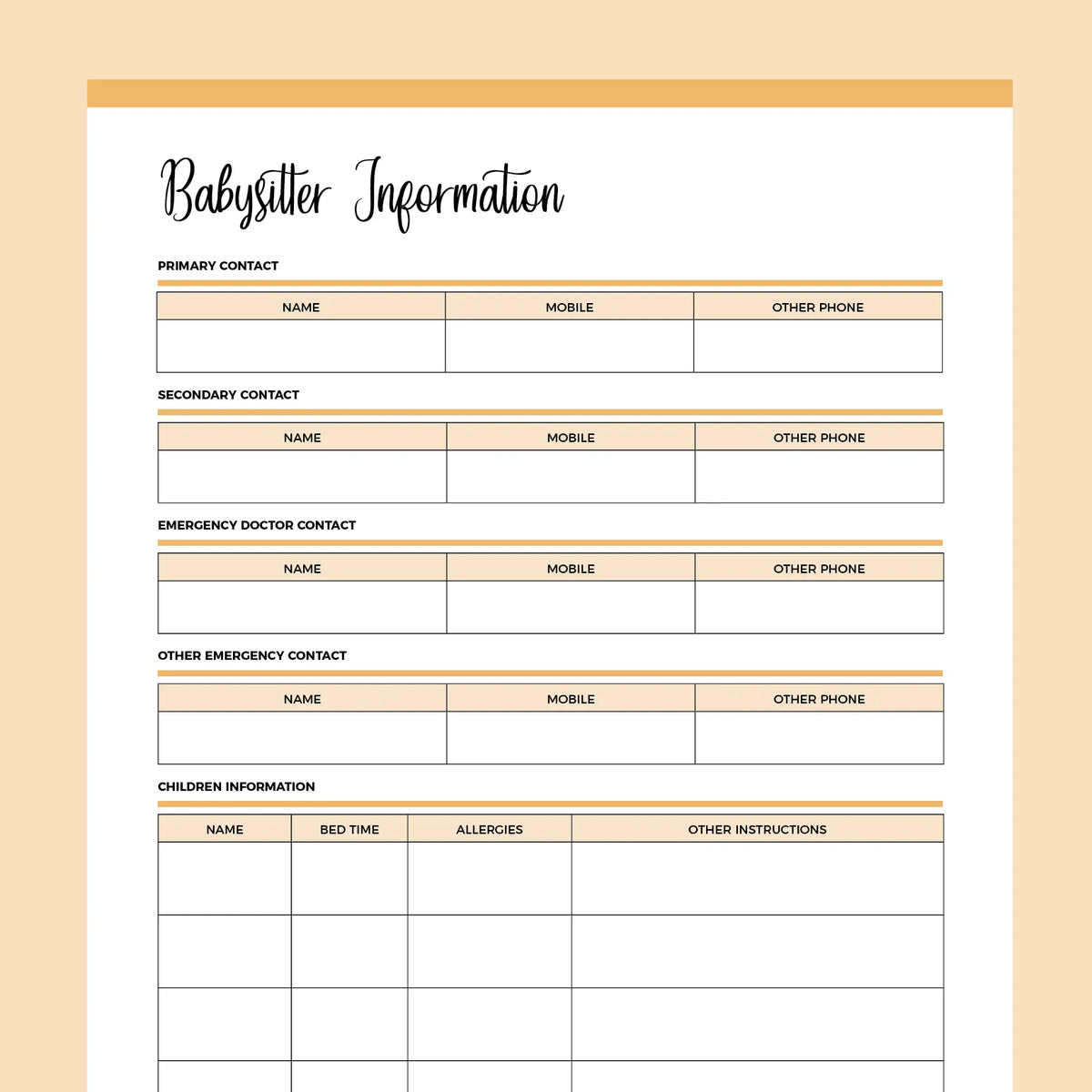 Baby Sitter Information Page | A4 & US Letter Sizes | Instant Download ...