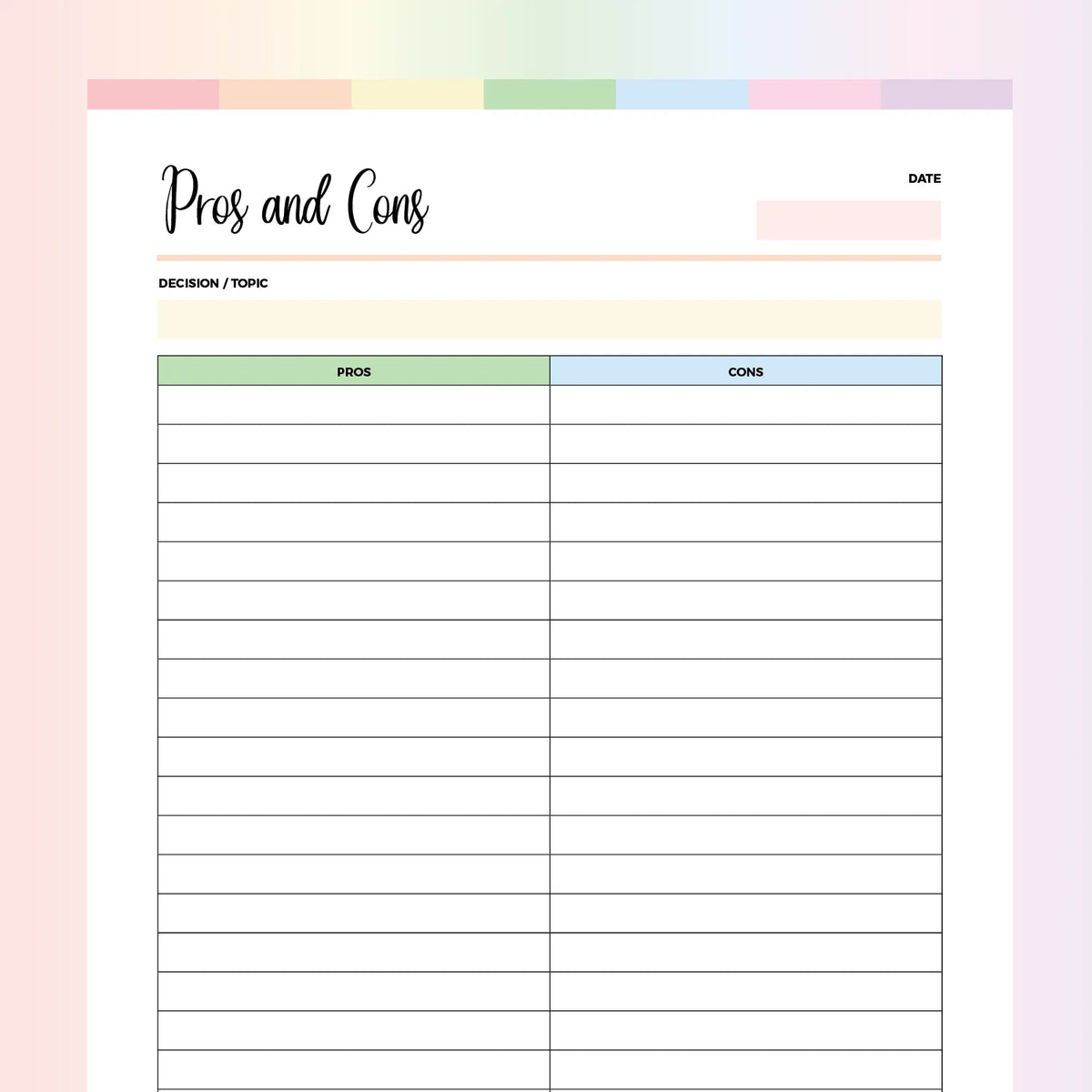 Pros and Cons PDF | A4 & US Letter Sizes | Instant Download Printable ...