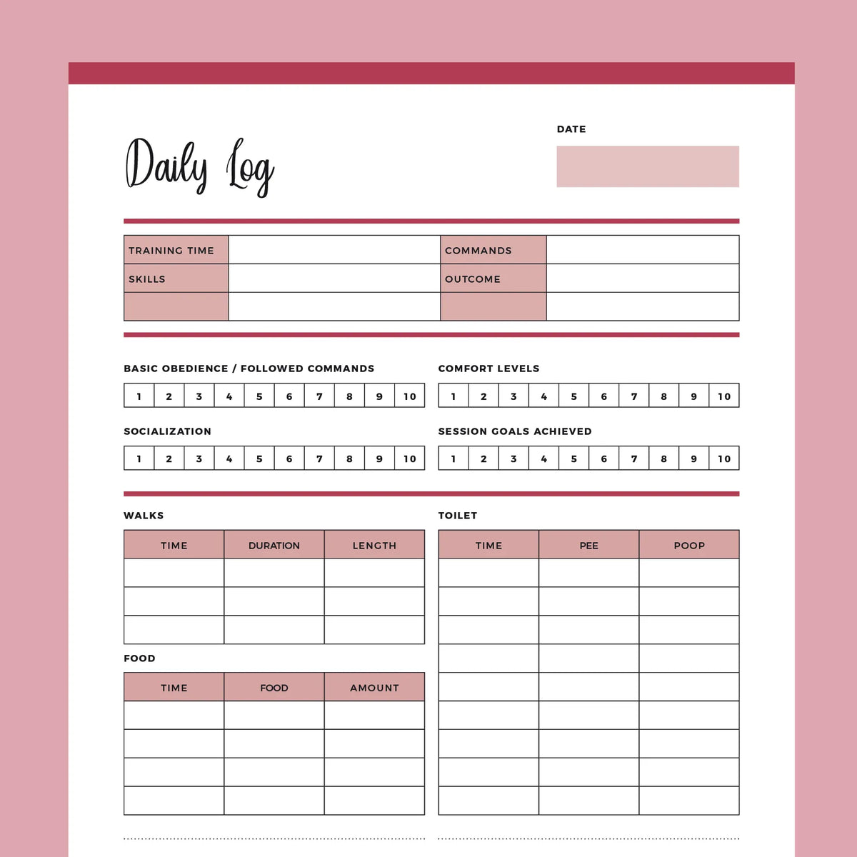 Daily Log For Dog Trainers Printable | Instant Download PDF – Plan ...