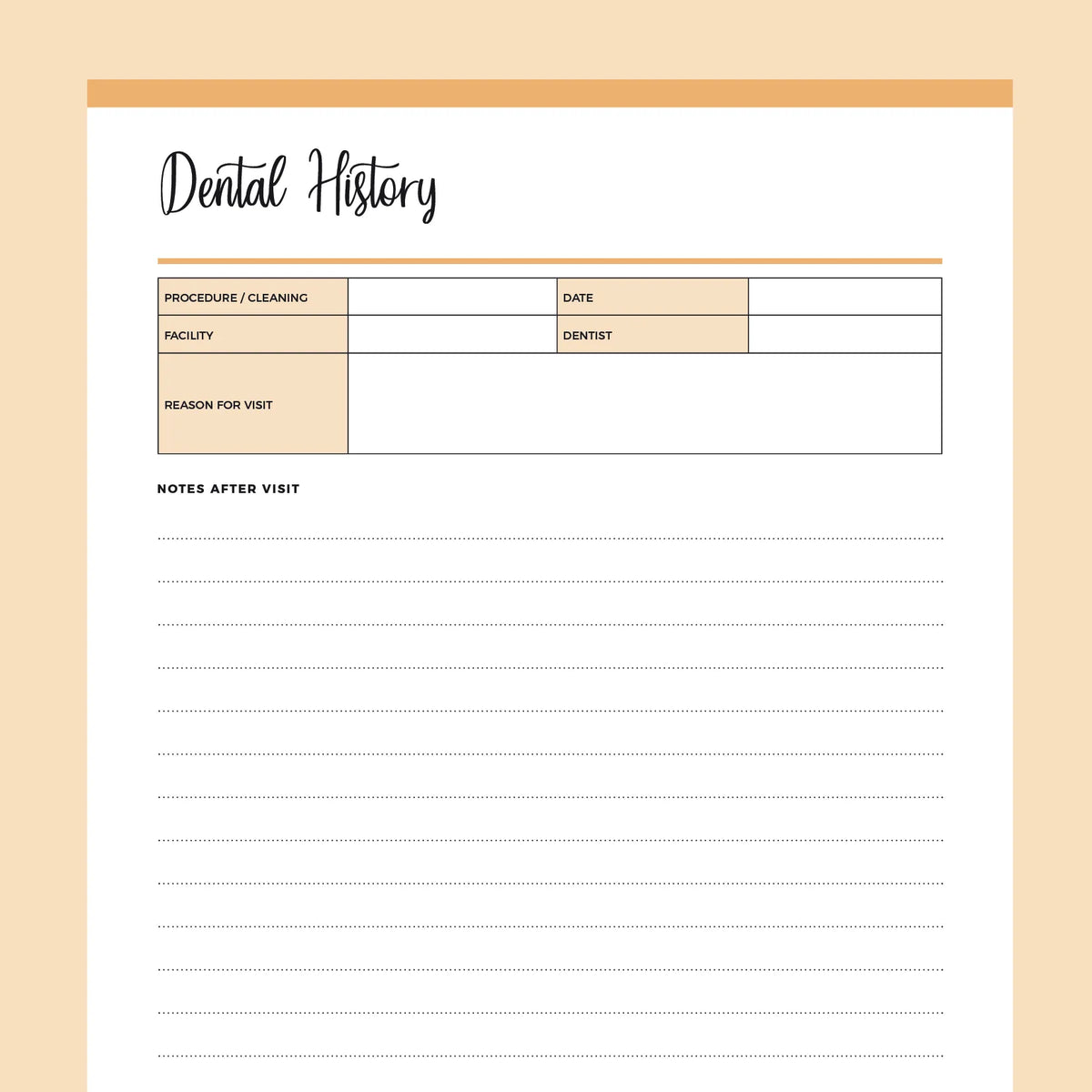 Dental History Template Printable | Instant Download PDF – Plan Print Land