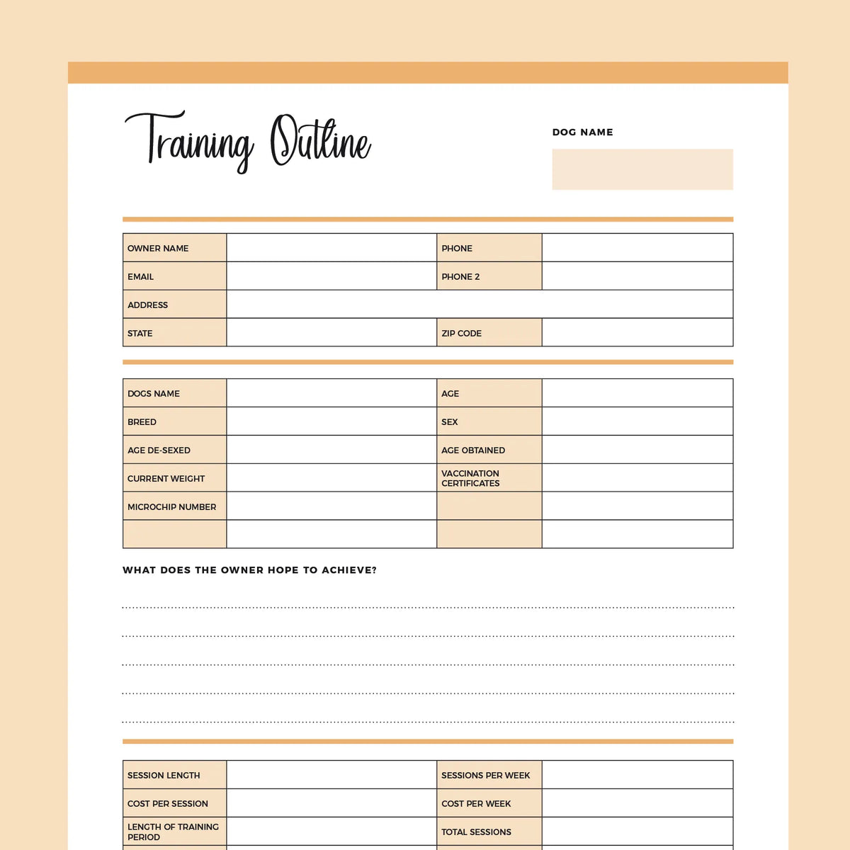 Dog Training Outline Agreement Printable | Instant Download PDF | A4 ...