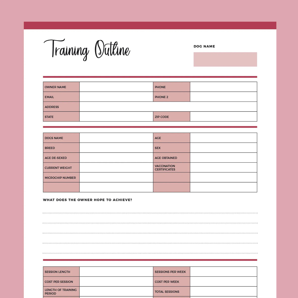 Dog Training Outline Agreement Printable | Instant Download PDF | A4 ...