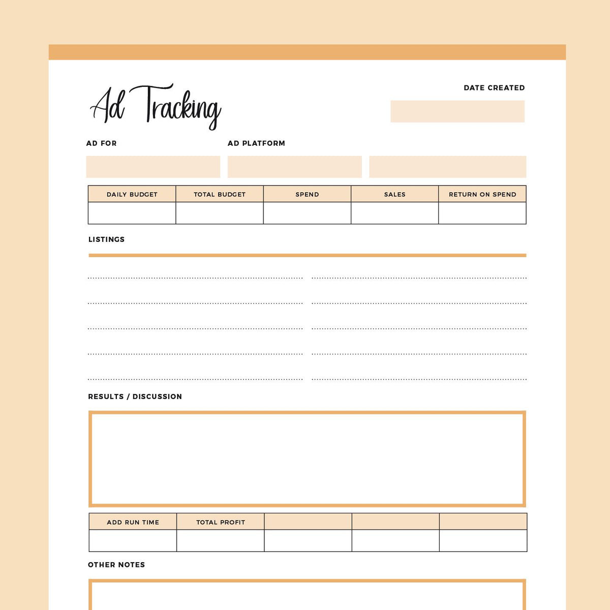 Printable Ad Tracking Template – Plan Print Land