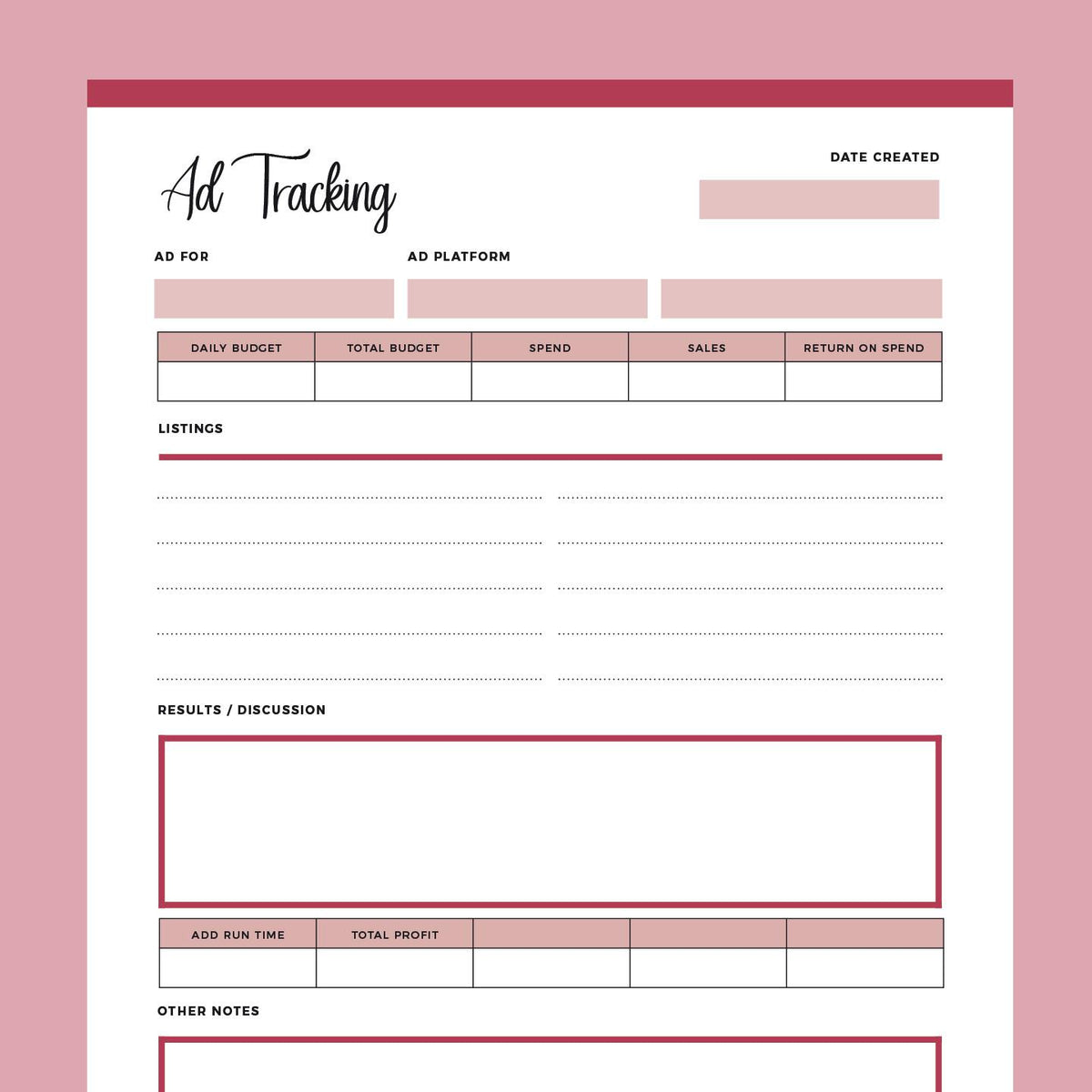 Printable Ad Tracking Template – Plan Print Land