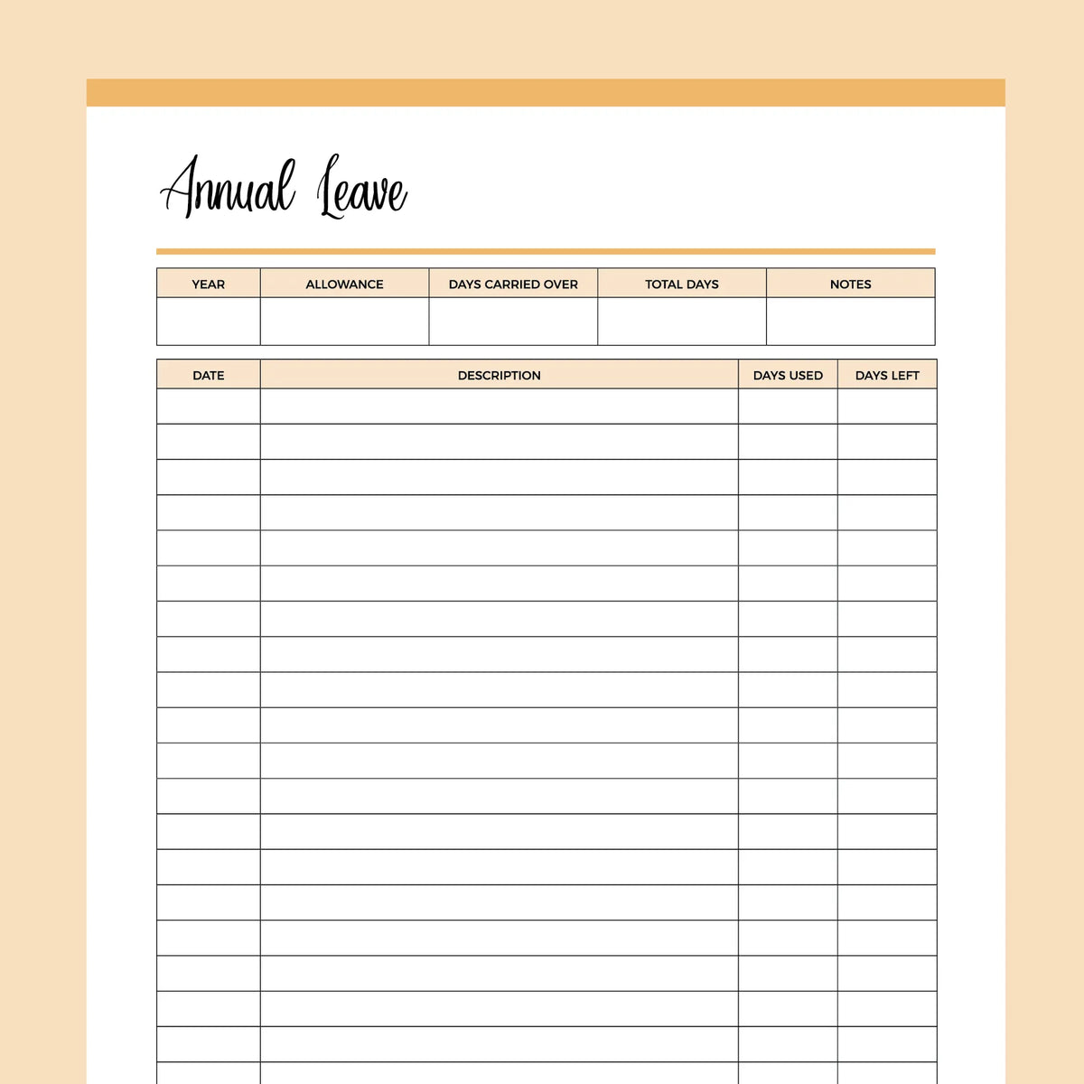Printable Annual Leave Tracker | Instant download PDF | A4 & US Letter ...