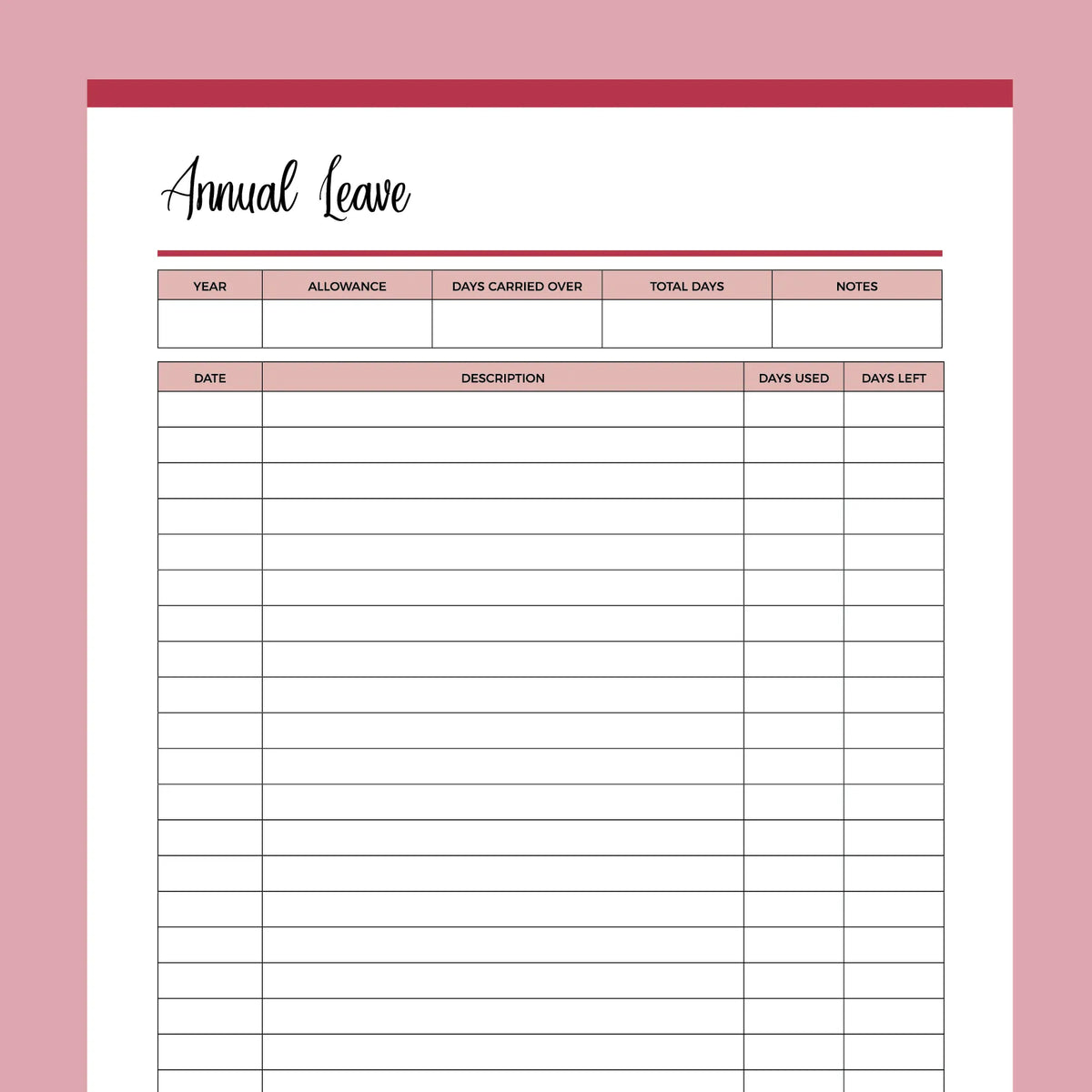 Printable Annual Leave Tracker | Instant download PDF | A4 & US Letter ...