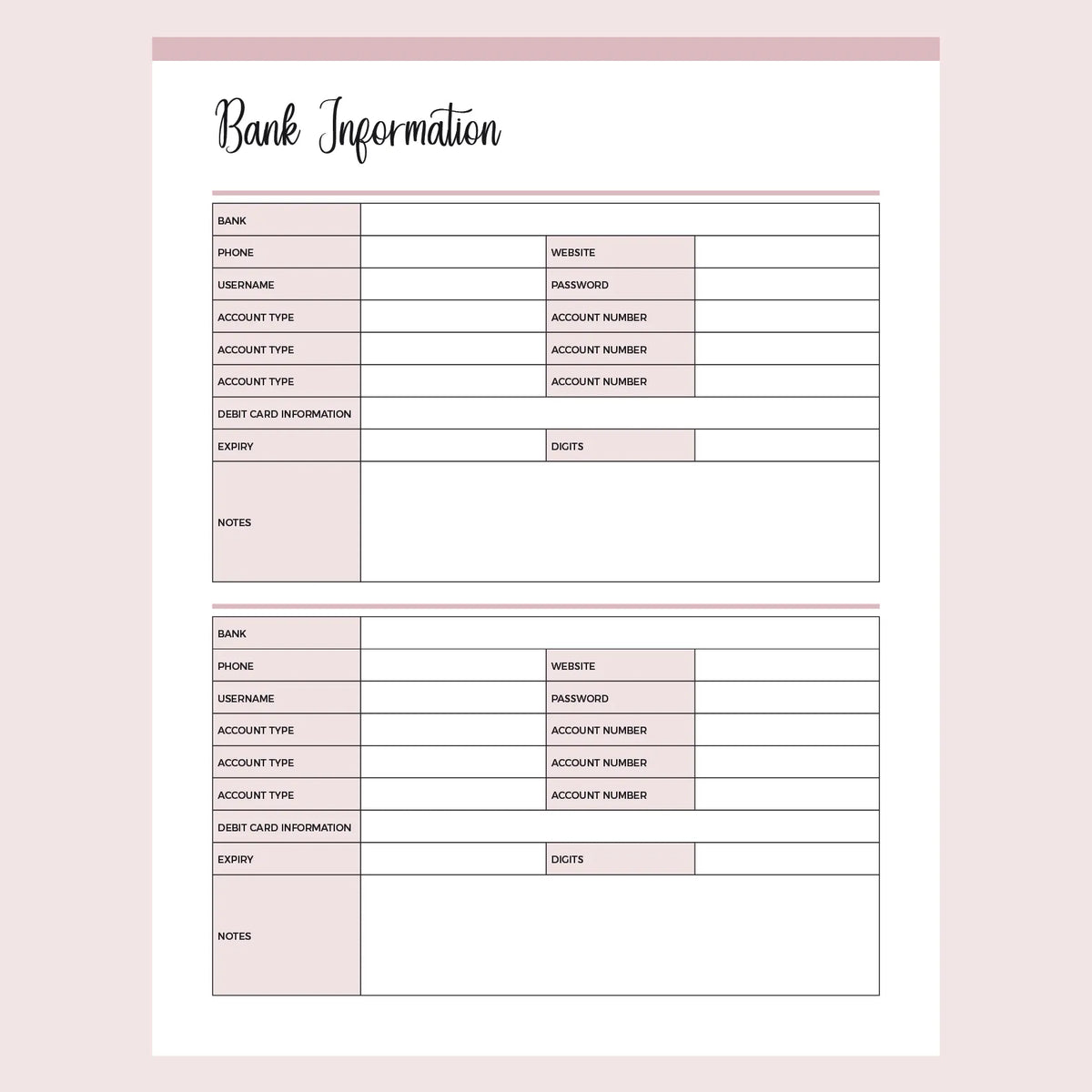 Printable Financial Account Information Templates | Instant Download ...