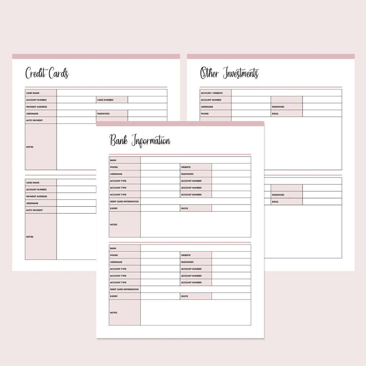 Printable Financial Account Information Templates | Instant Download ...