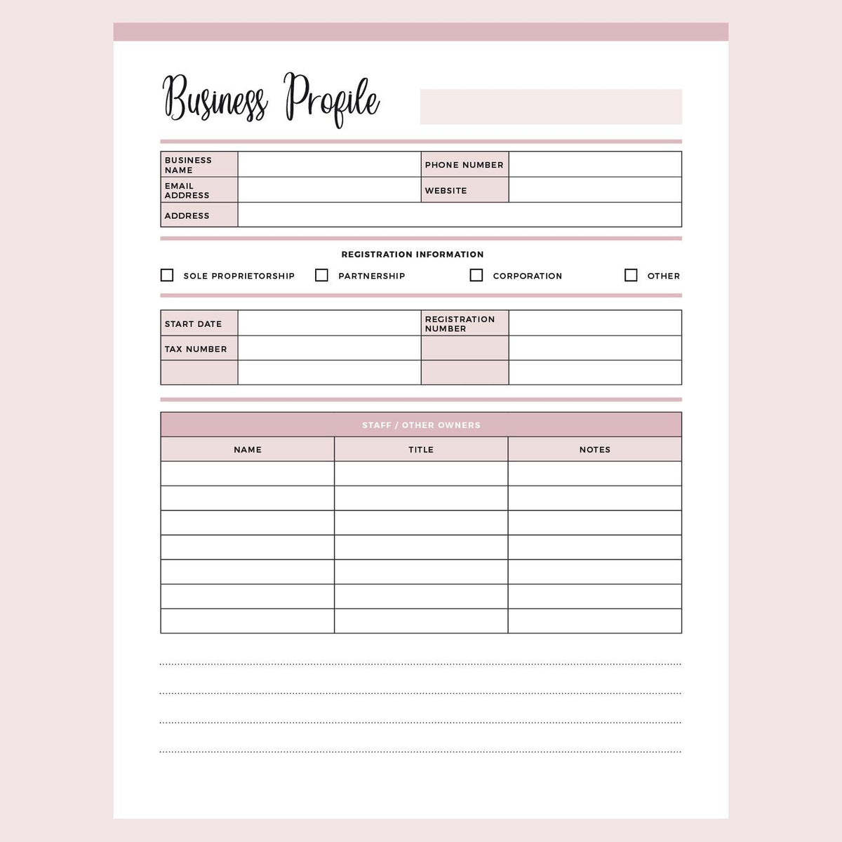 Printable Business Profile Sheet – Plan Print Land