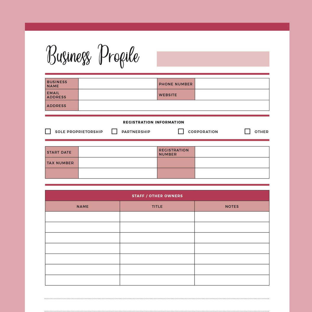 Printable Business Profile Sheet – Plan Print Land