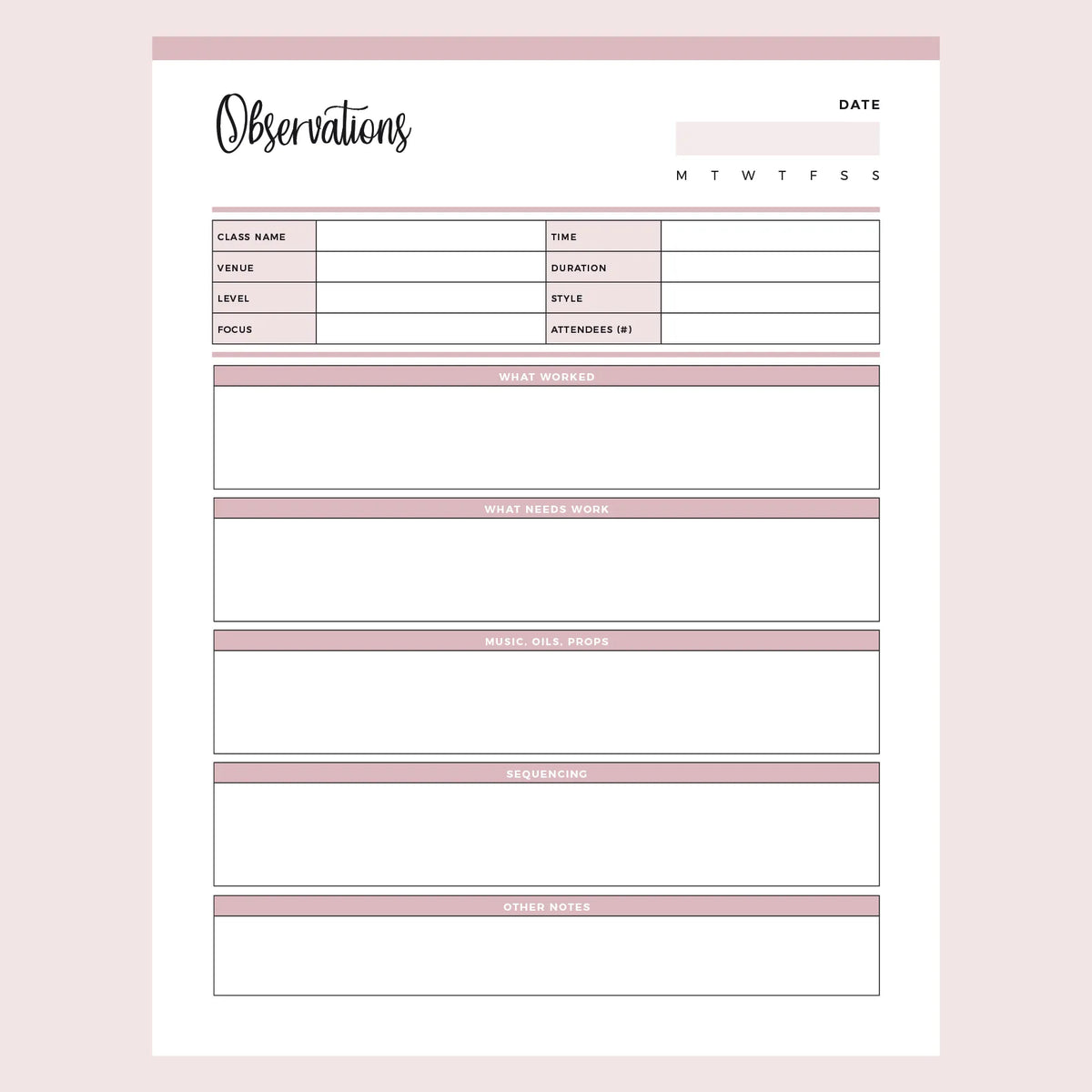 Printable Class Observations For Yoga or Pilates Instructors | Instant ...