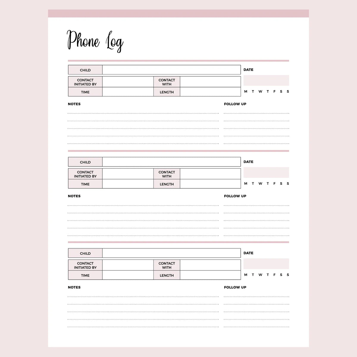 Printable Co-Parenting Phone Log | PDF Format | A4 & US Letter – Plan ...