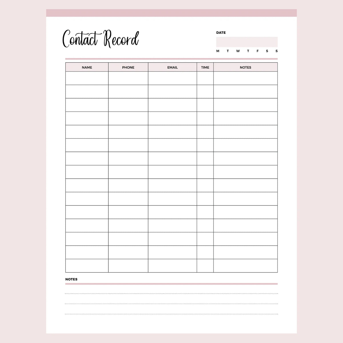 Printable Contact Record | Instant download PDF | A4 & US Letter – Plan ...
