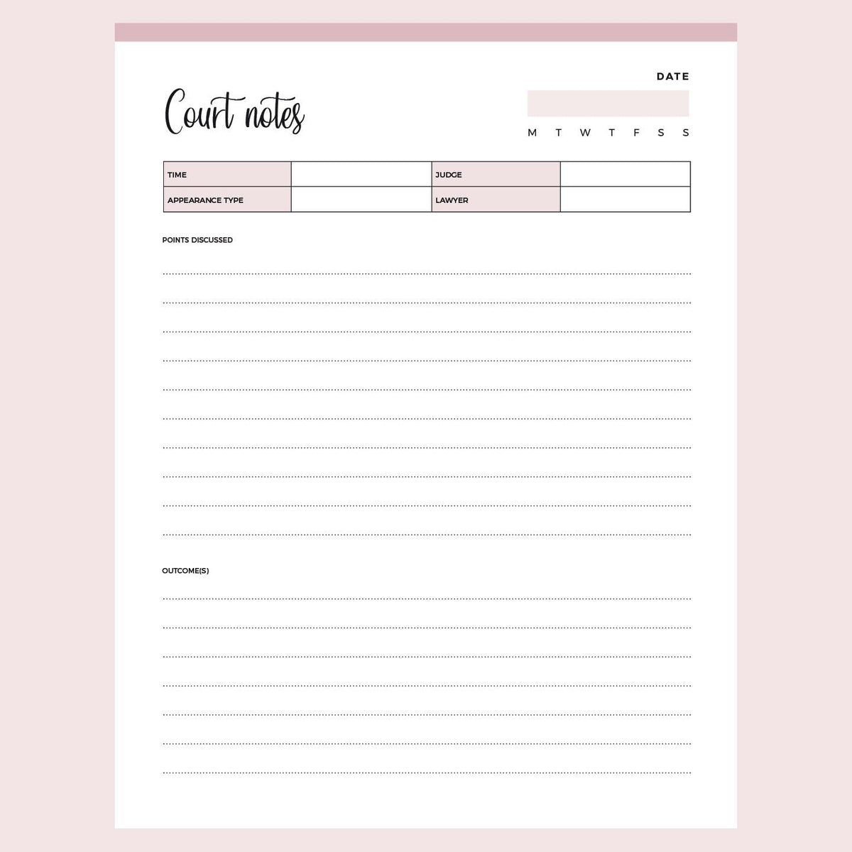Printable Court Notes | Instant Download PDF | A4 and US Letter – Plan ...