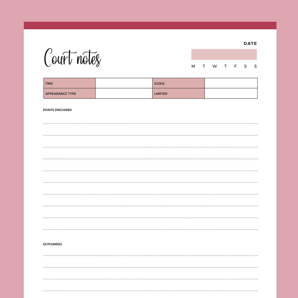 Printable Court Notes | Instant Download PDF | A4 and US Letter – Plan ...