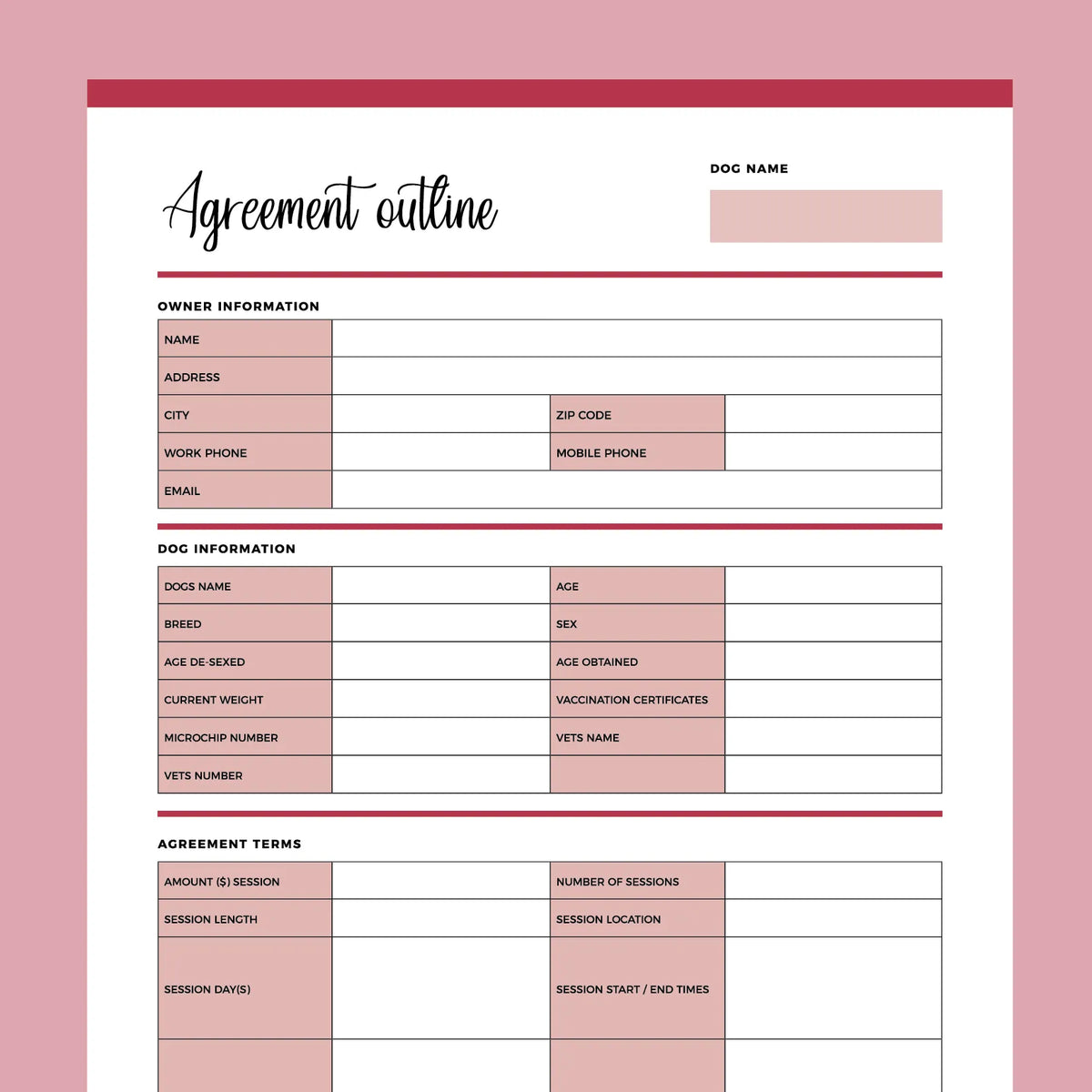 Printable Dog Trainer Agreement Outline – Plan Print Land