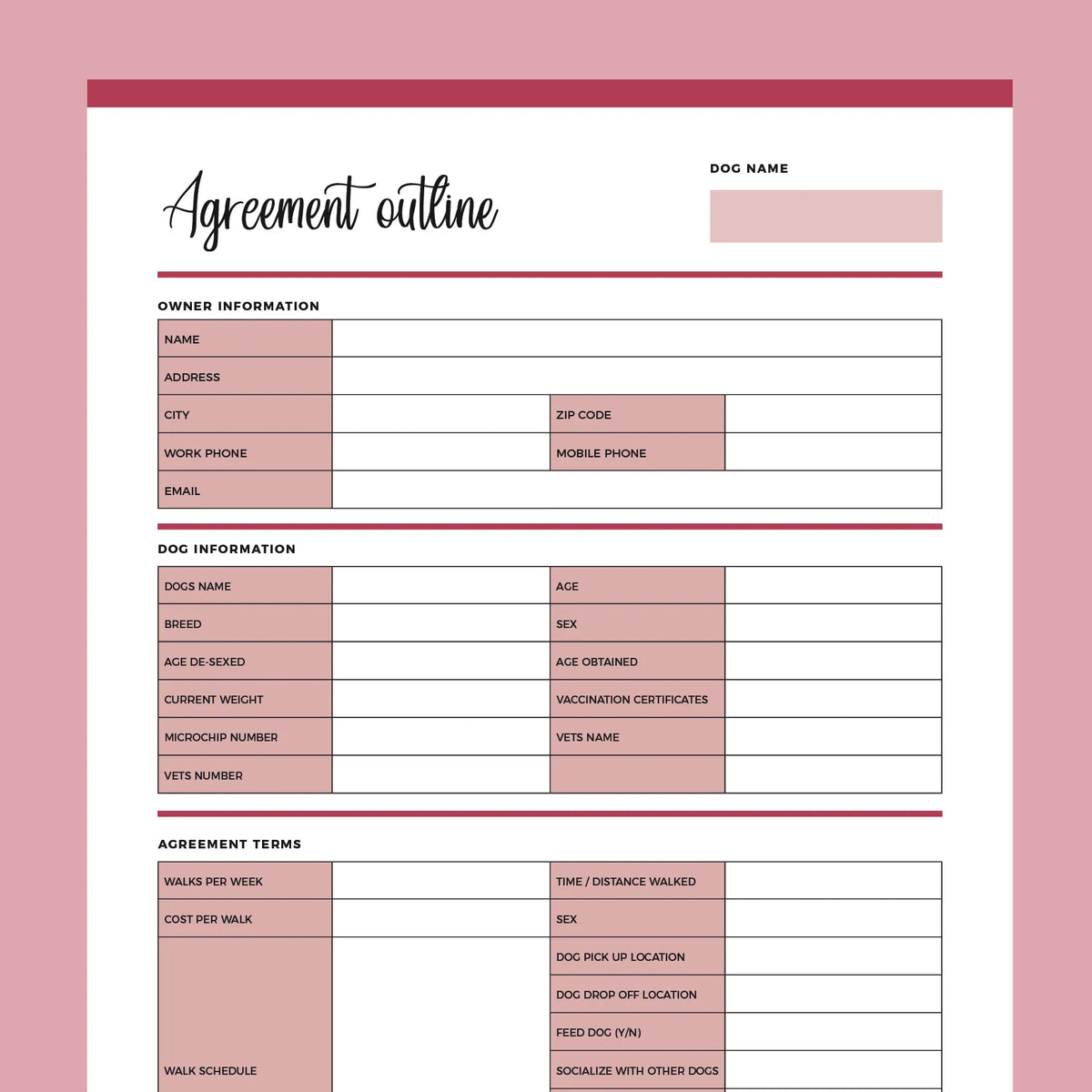 Printable Dog Walker Contract | Instant Download PDF | A4 and US Letter ...