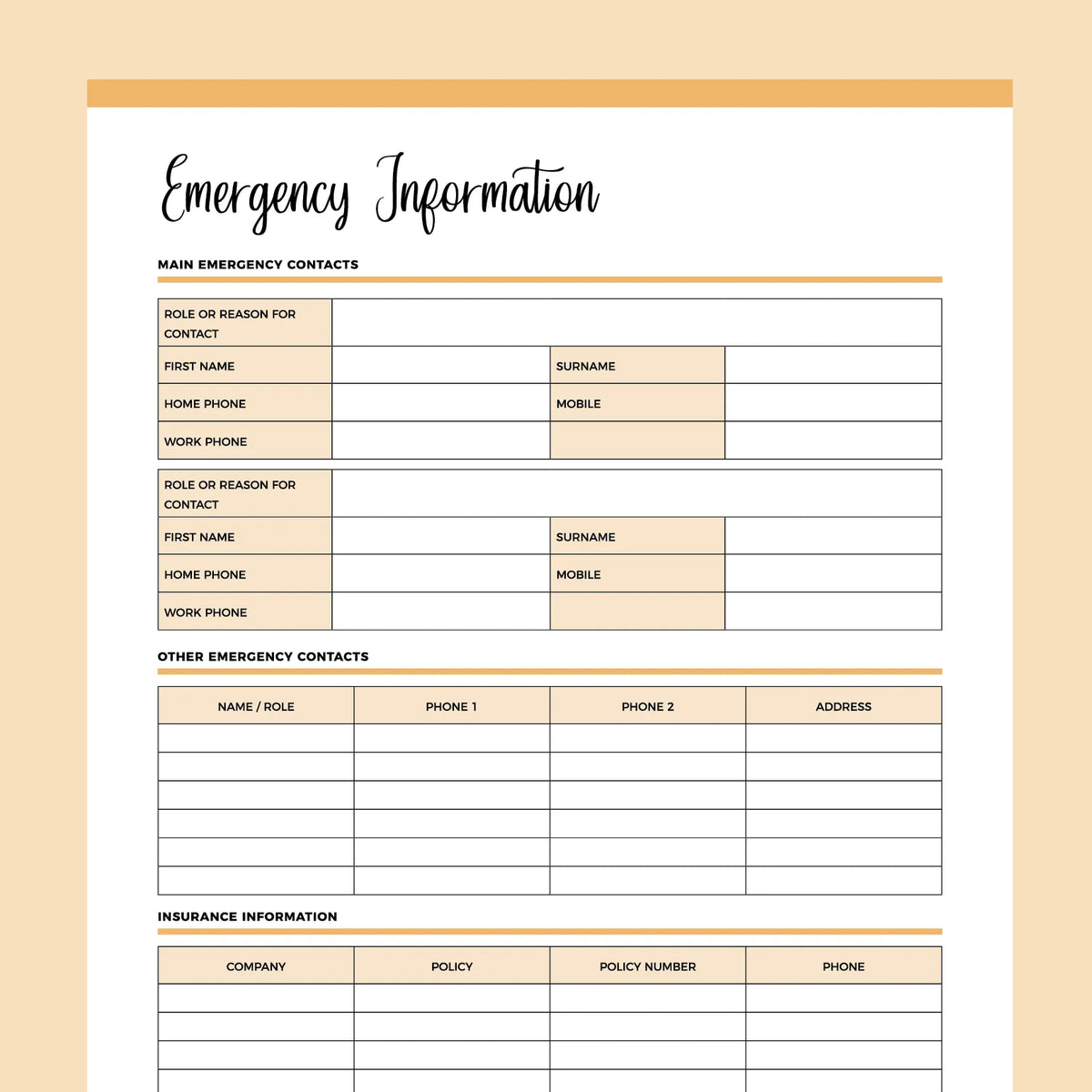 Printable Emergency Information Document – Plan Print Land