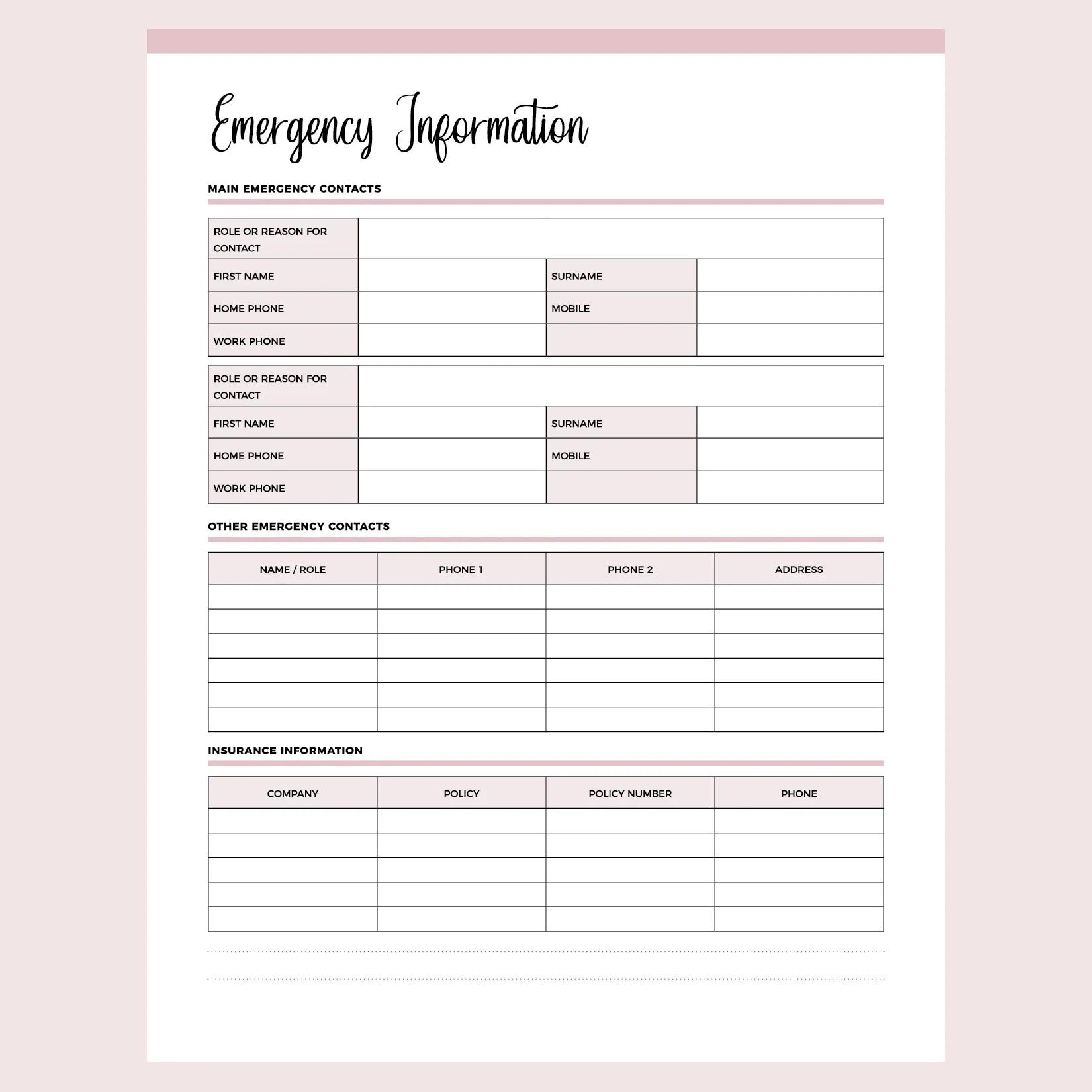 Personal Emergency Contact Information