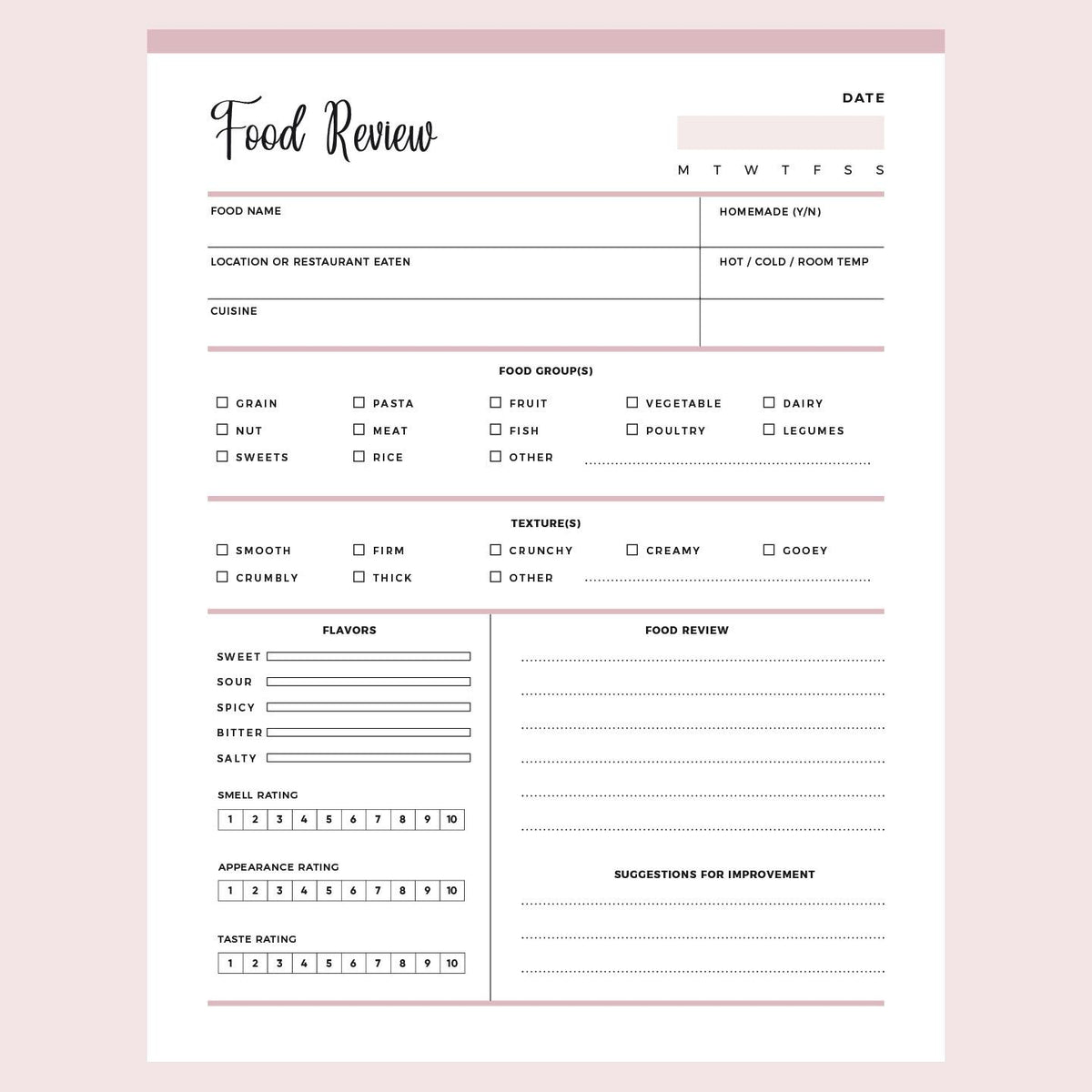 Printable Food Review Template – Plan Print Land