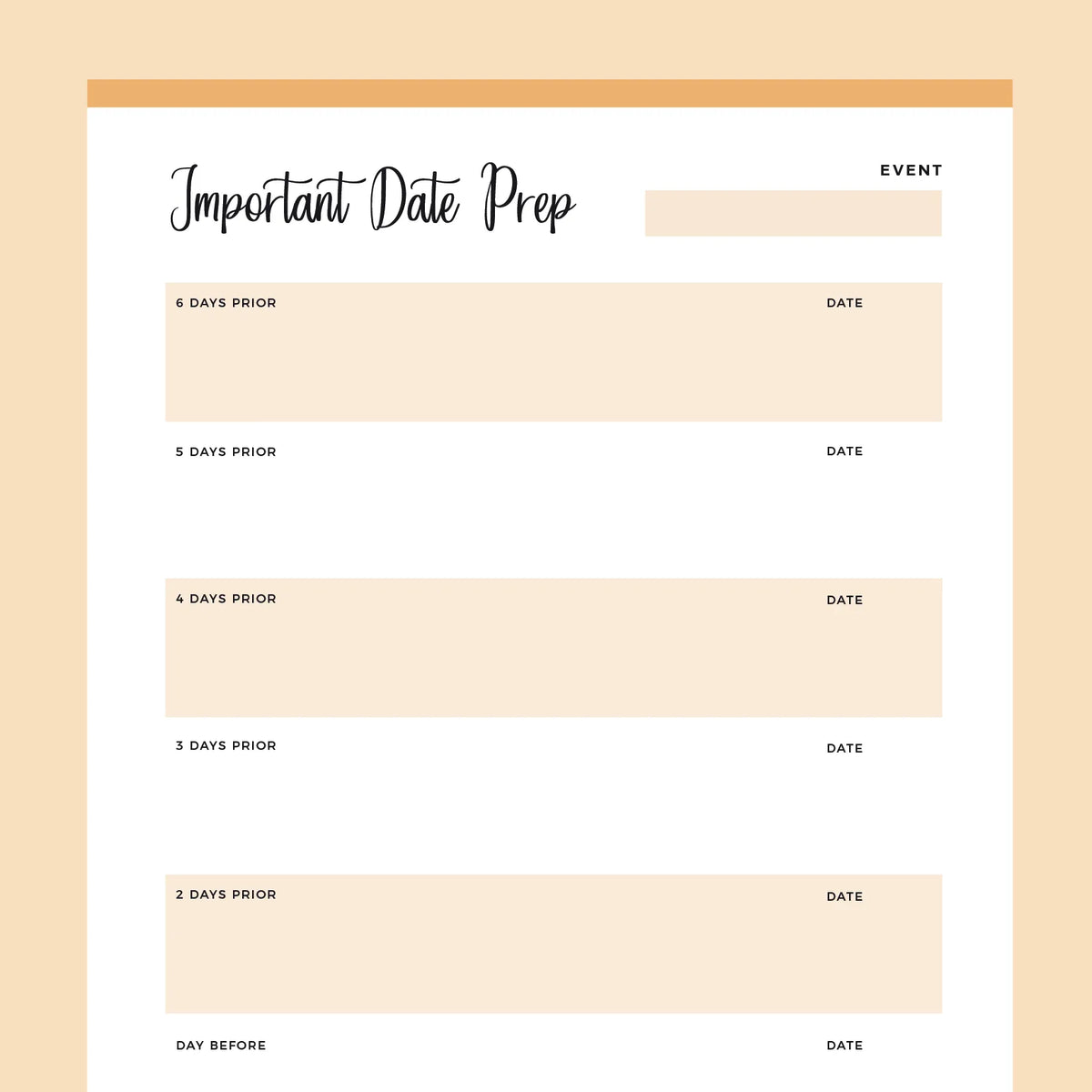 Printable Important Date Preparation Template | Instant Download PDF ...