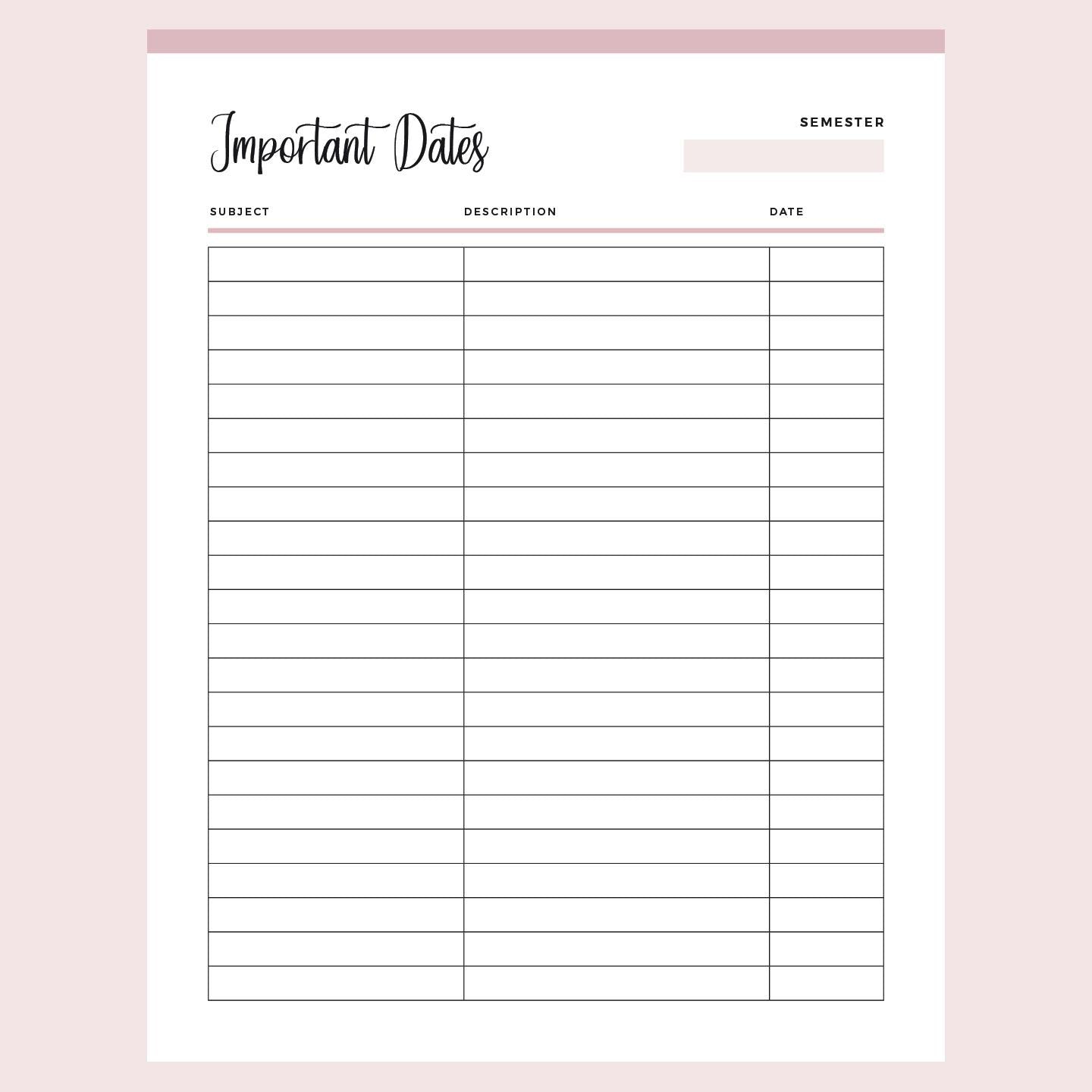 important dates blank template