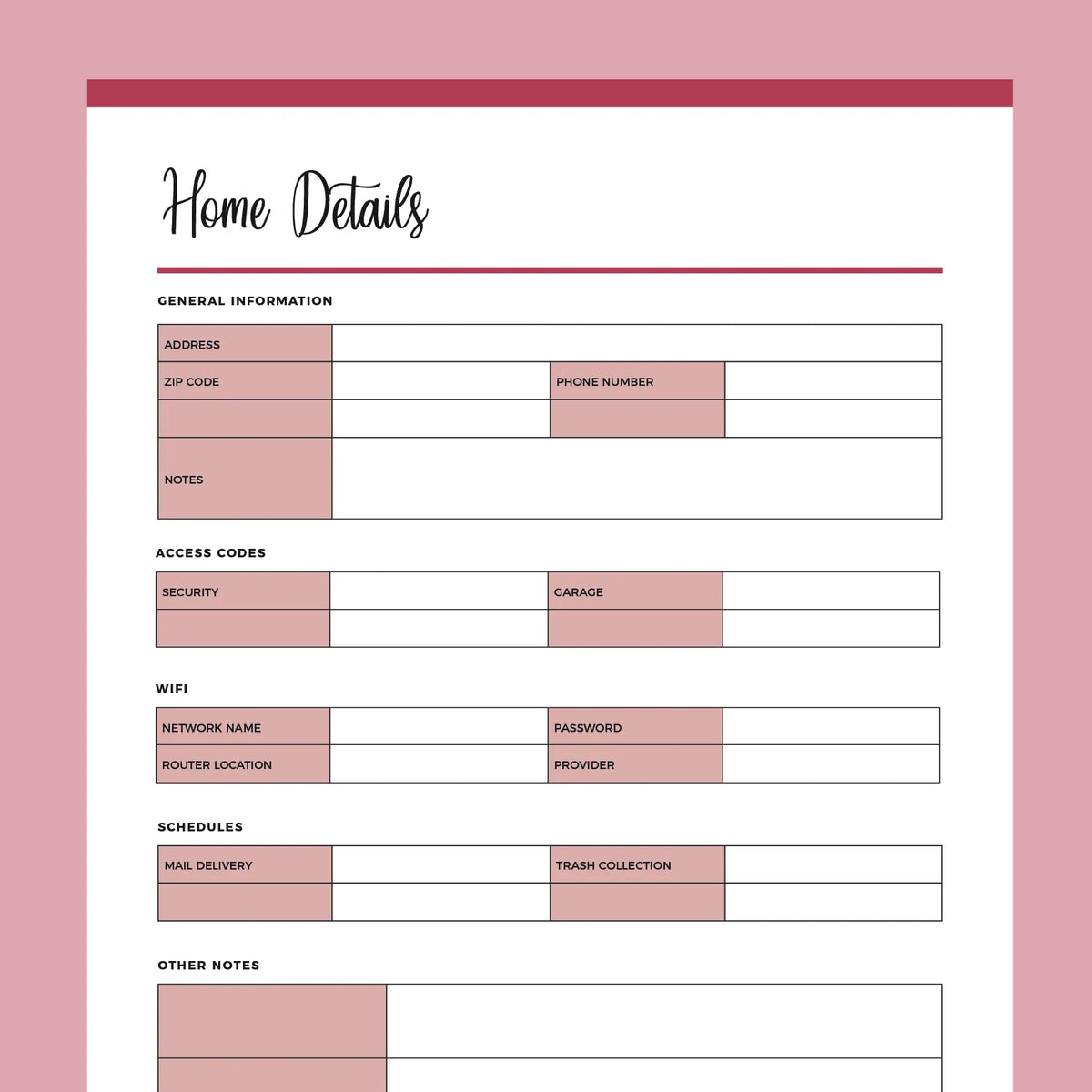 Printable Important Home Details Template | Instant Download PDF – Plan ...