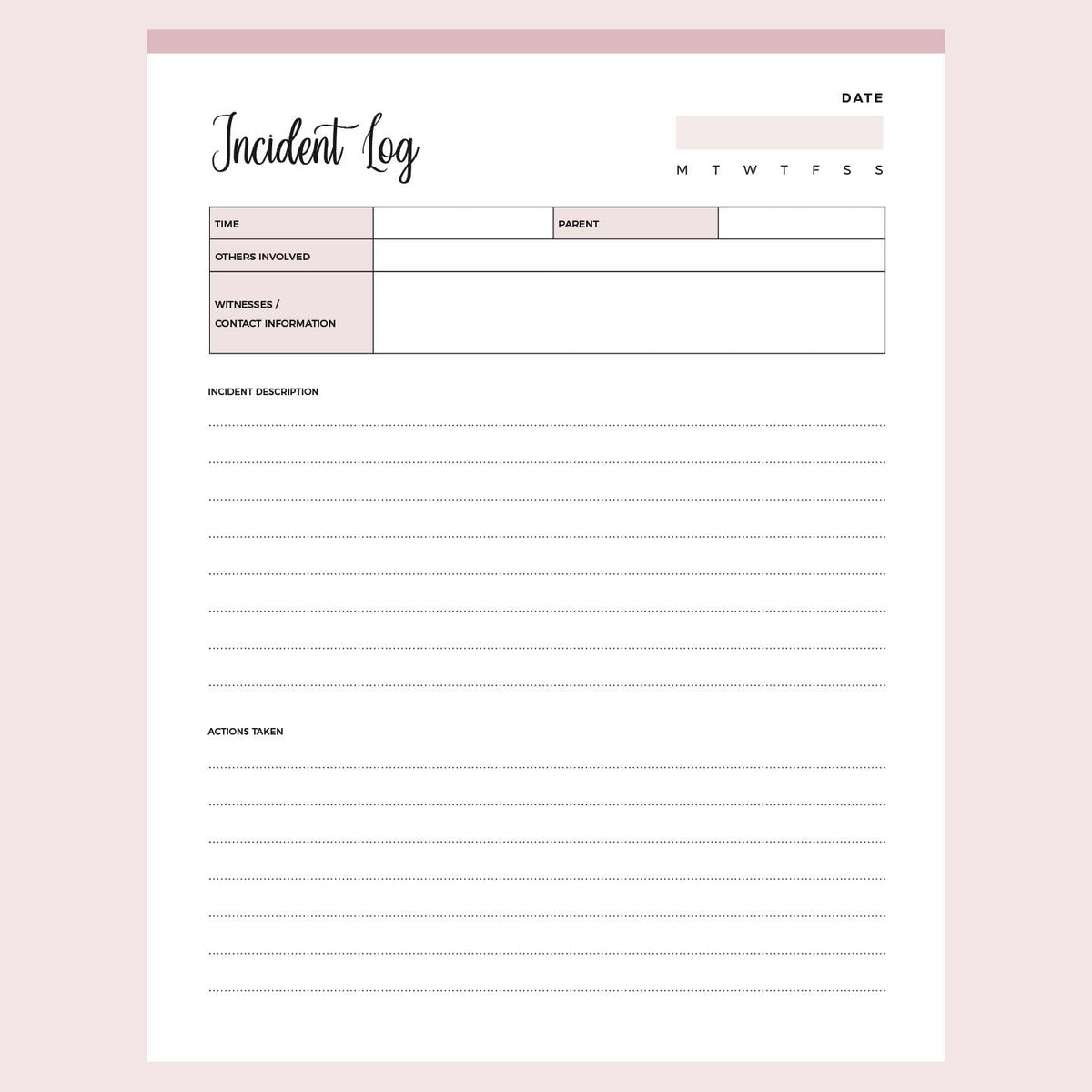 Printable Incident Log | Instant Download PDF | A4 and US Letter Sizes ...