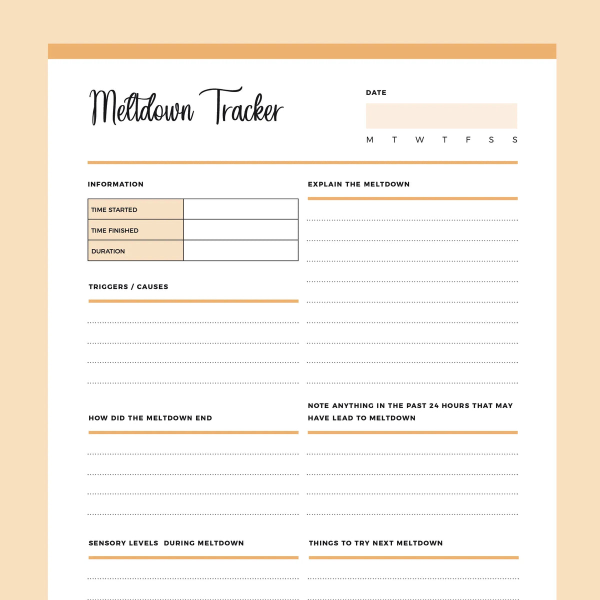 Printable Meltdown Tracker For Children With Autism | Instant Download ...