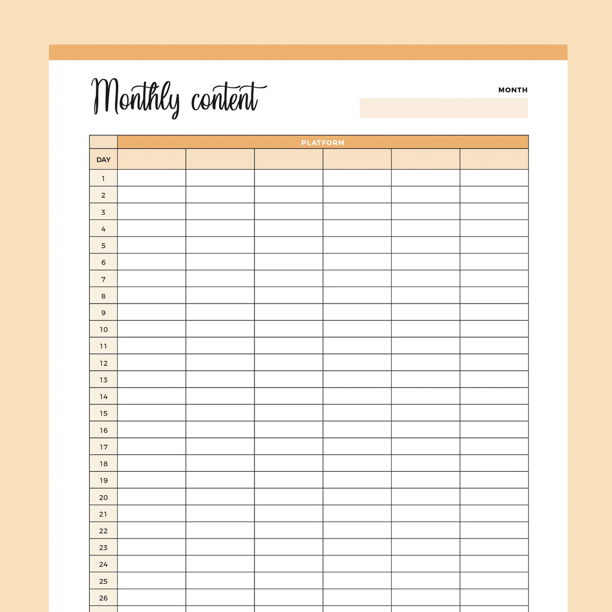 Printable Monthly Content Tracker – Plan Print Land