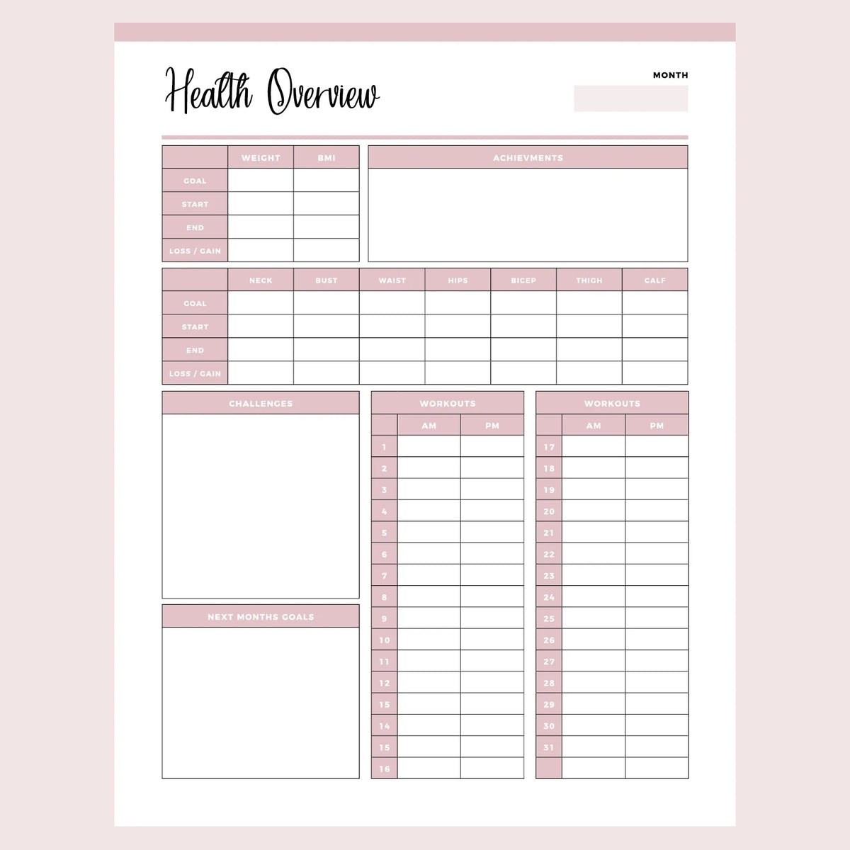 Printable Monthly Health Overview and Measurement Tracker – Plan Print Land