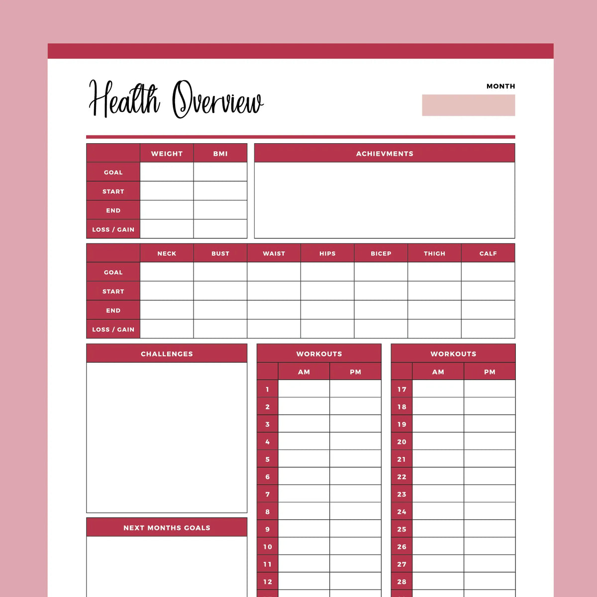 Printable Monthly Health Overview and Measurement Tracker – Plan Print Land