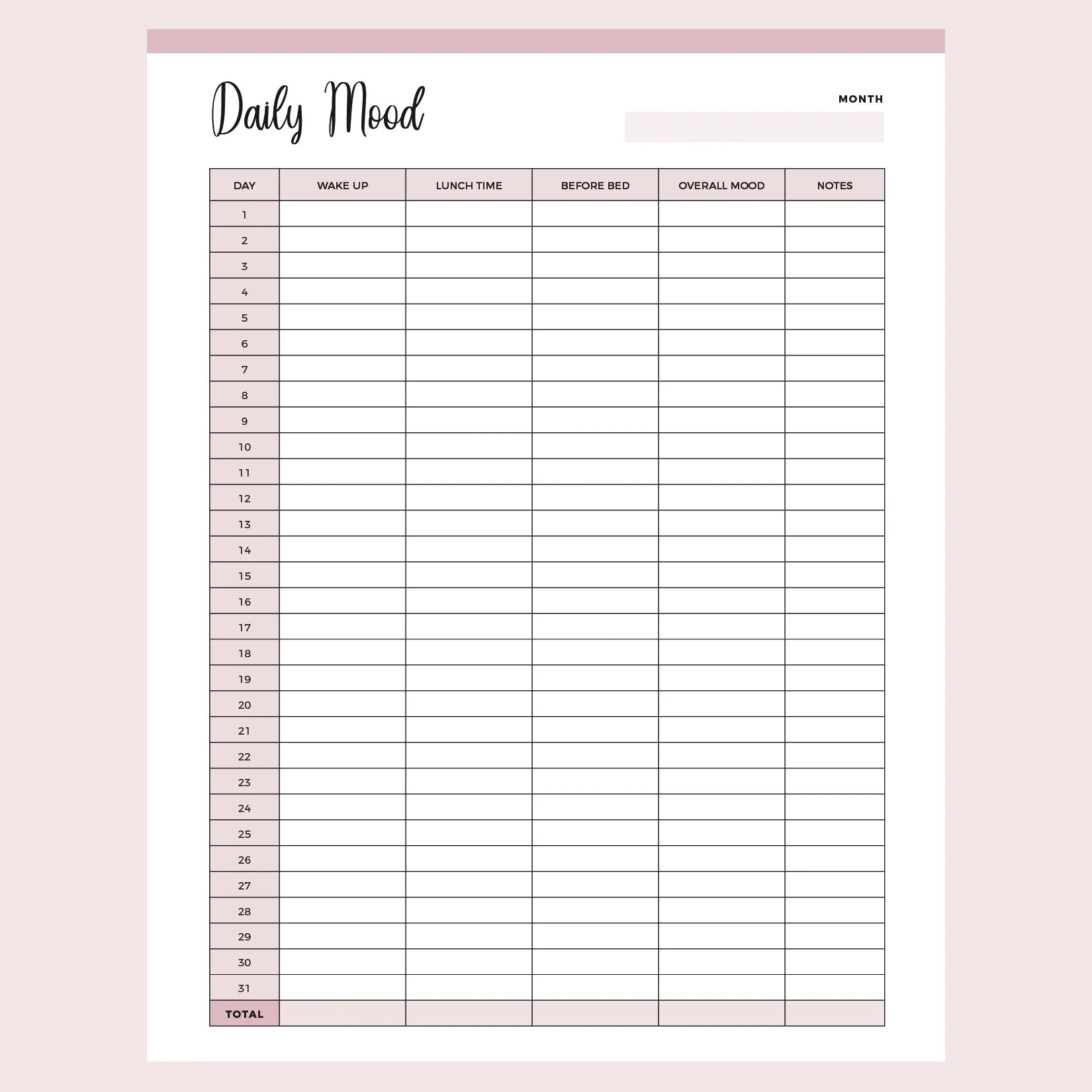 Printable Daily Mood Chart