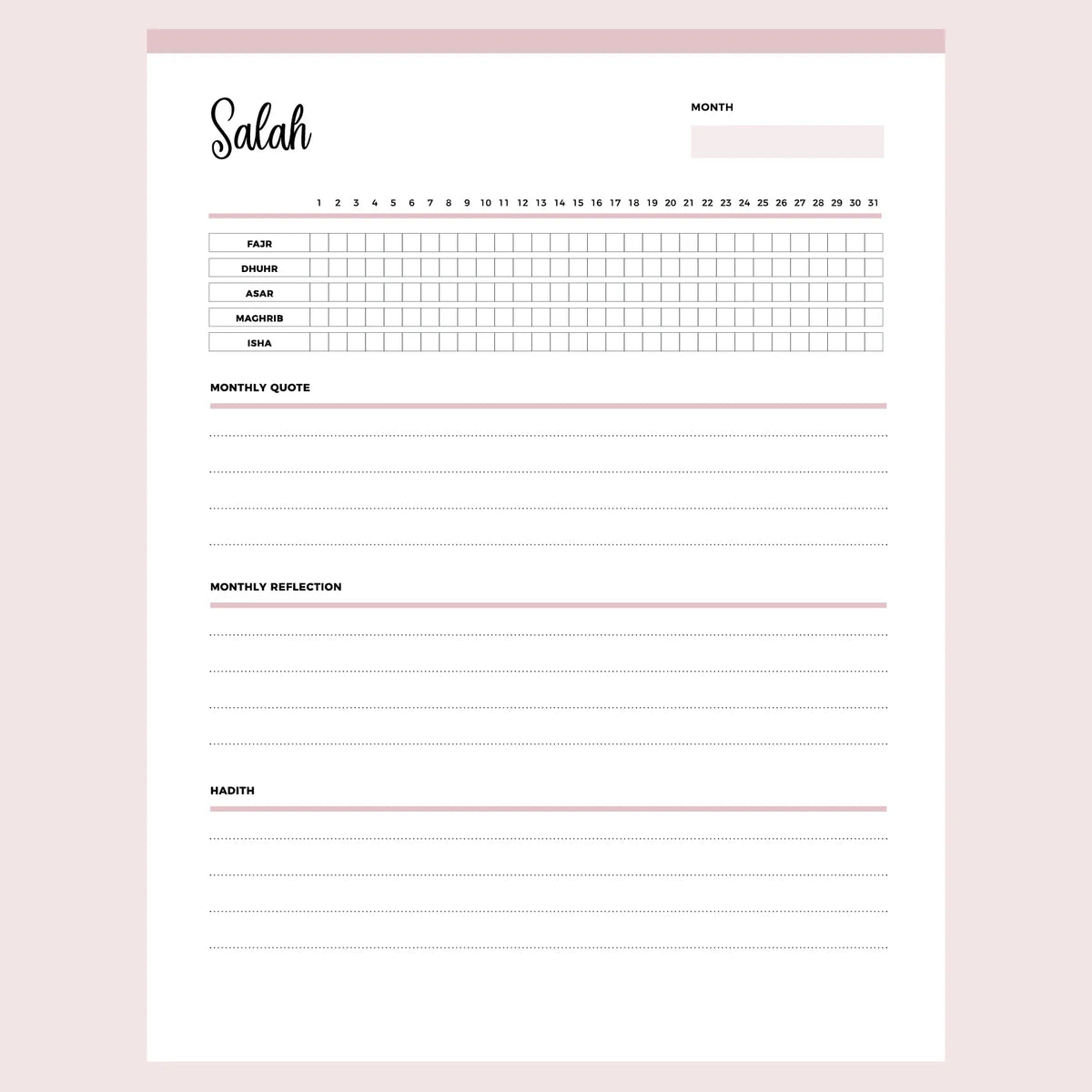 Printable Monthly Salah Tracker | Instant download PDF | A4 & US Letter ...