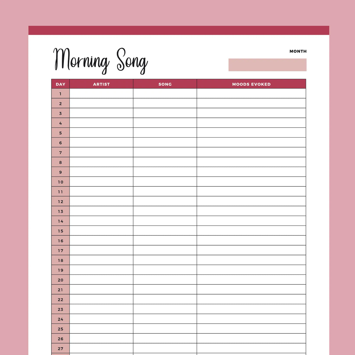 Printable Morning Song Log | Instant Download PDF | A4 and US Letter ...