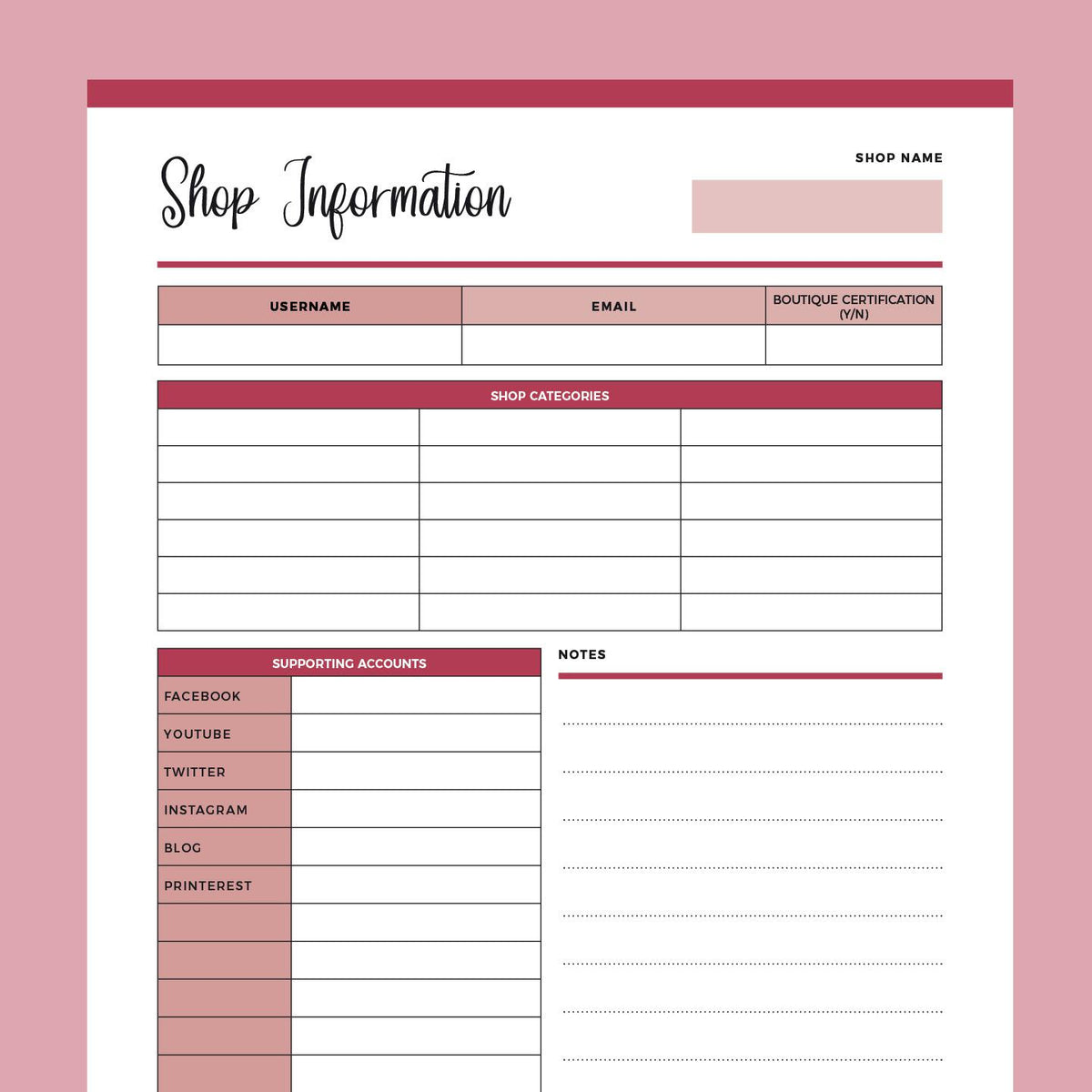 Printable Online Store Information Sheet – Plan Print Land