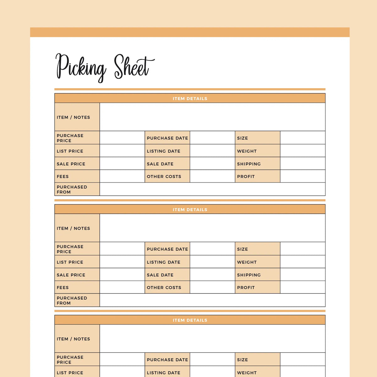 Printable Picking Sheet For Resellers | Instant Download PDF | A4 and ...