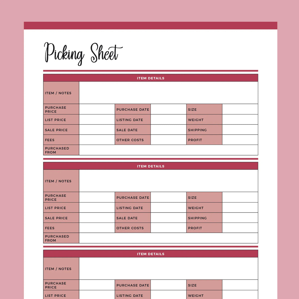 Printable Picking Sheet For Resellers | Instant Download PDF | A4 and ...