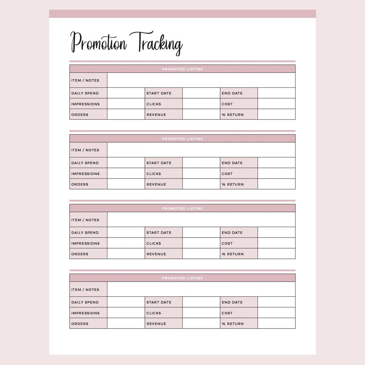 Printable Promotion tracking template | Instant Download PDF | A4 and ...