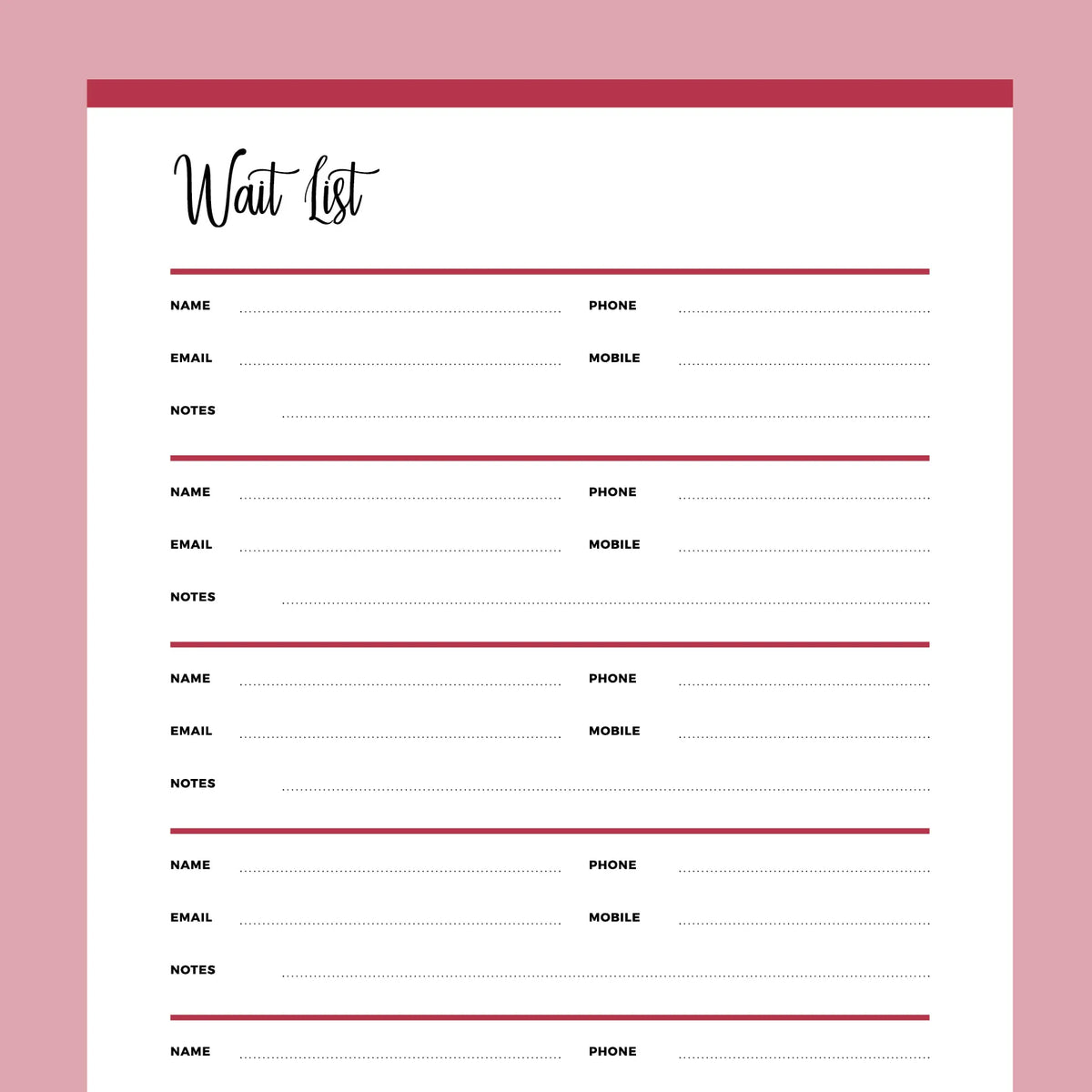 Printable Wait List for Small Businesses – Plan Print Land