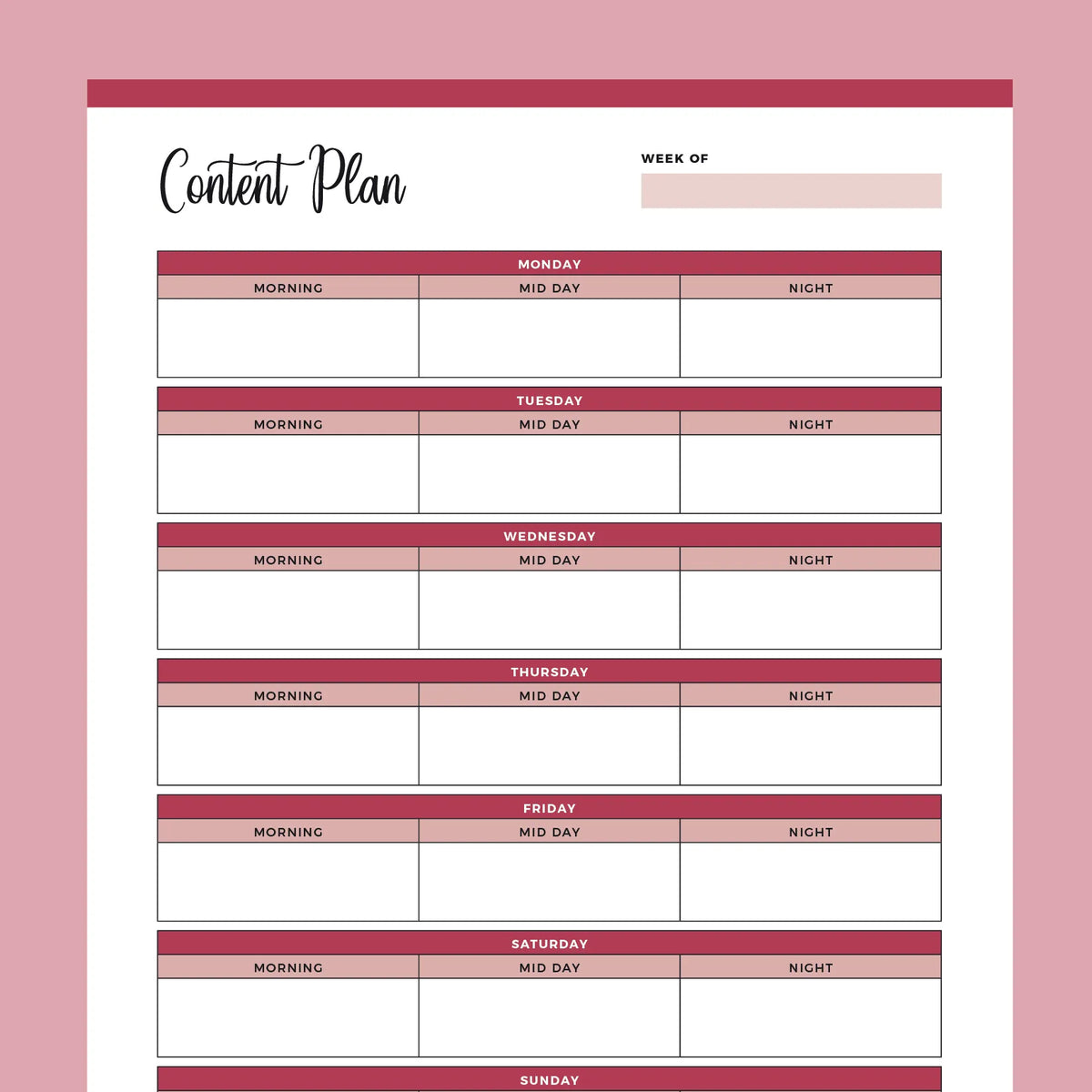 Printable Weekly Content Plan For Social Media – Plan Print Land