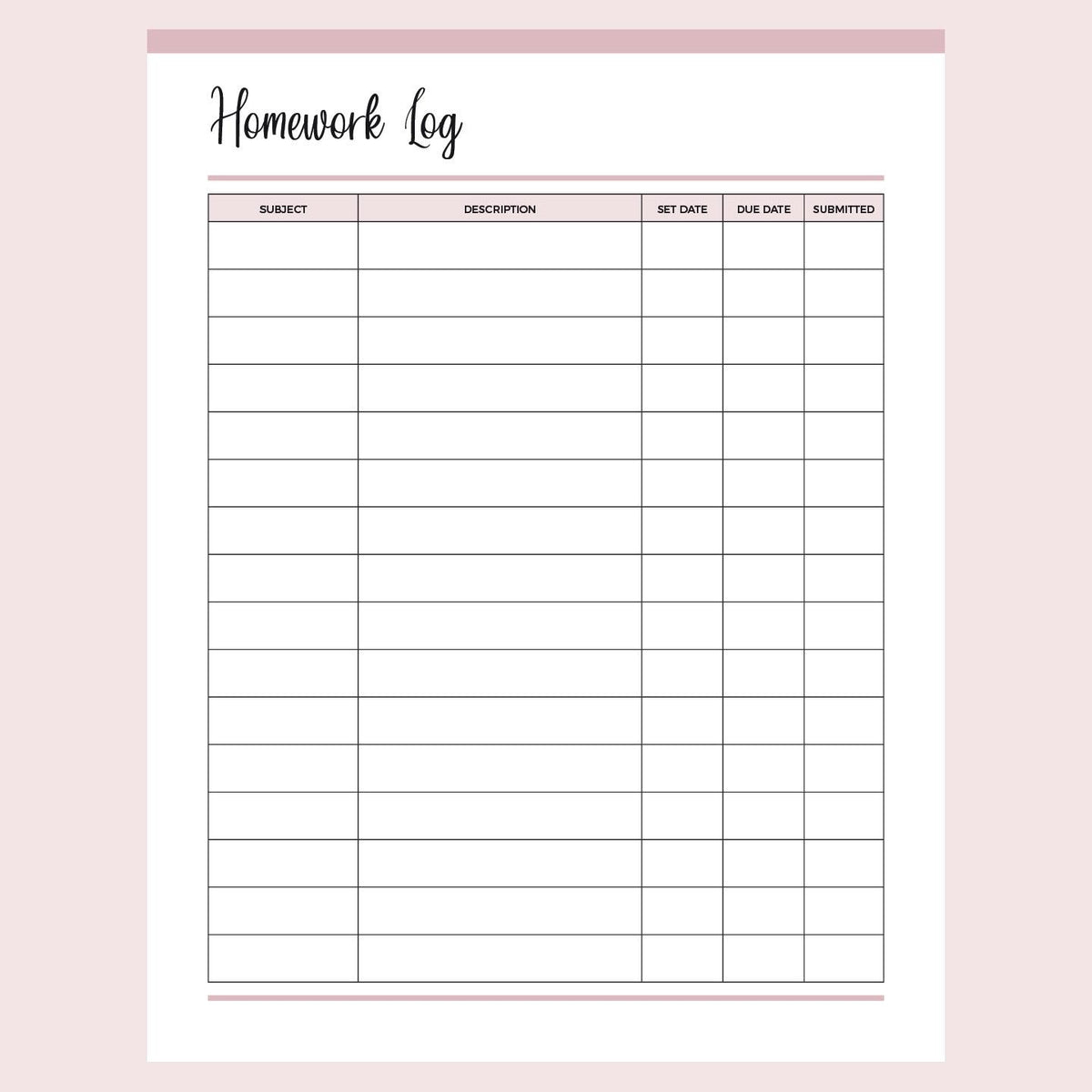 Printable Student Homework Log | Instant Download PDF – Plan Print Land