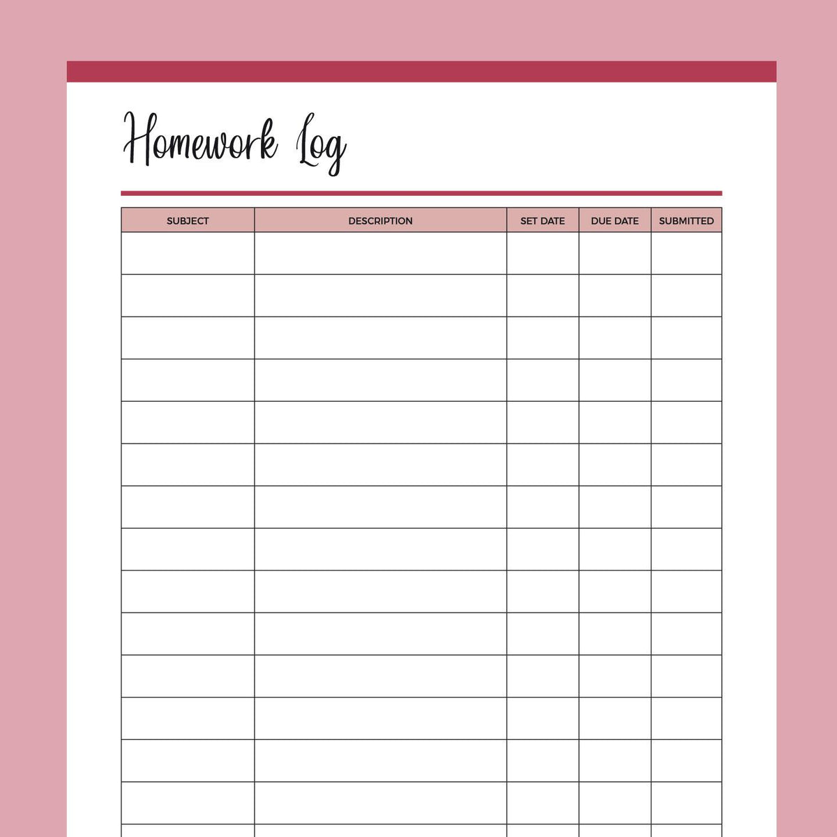 Printable Student Homework Log | Instant Download PDF – Plan Print Land