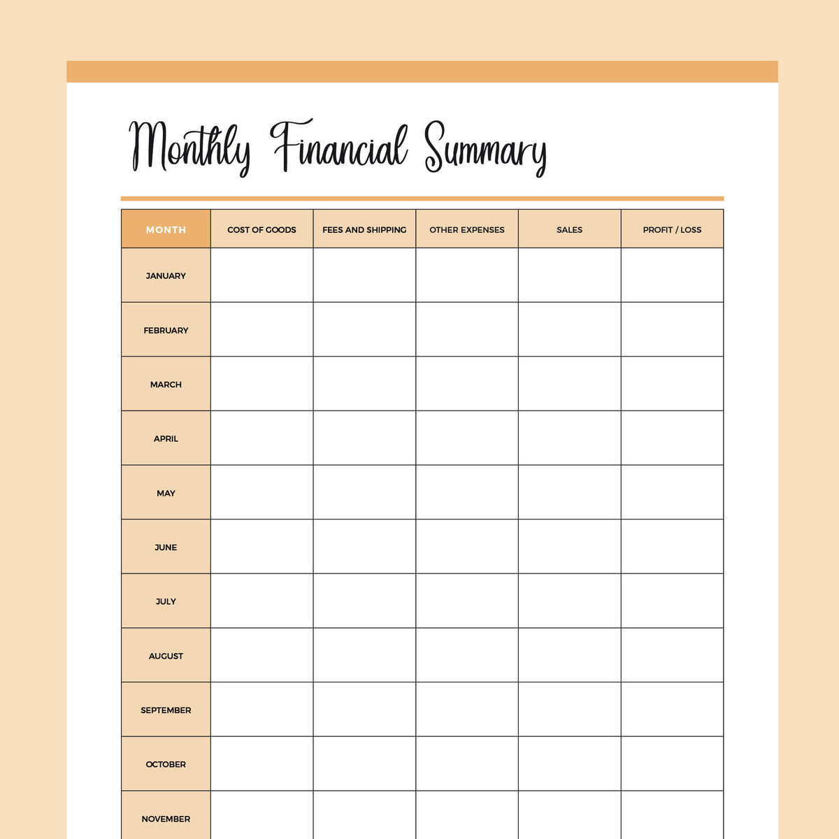 Printable Monthly Financial Summary – Plan Print Land
